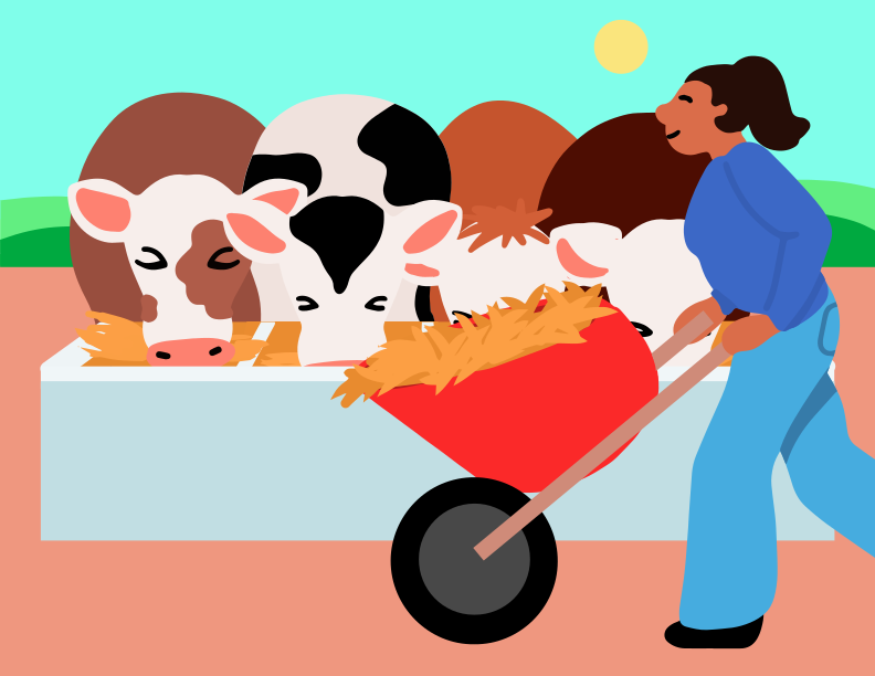 A woman pushing a wheelbarrow filled with cows vector – Countryside ...