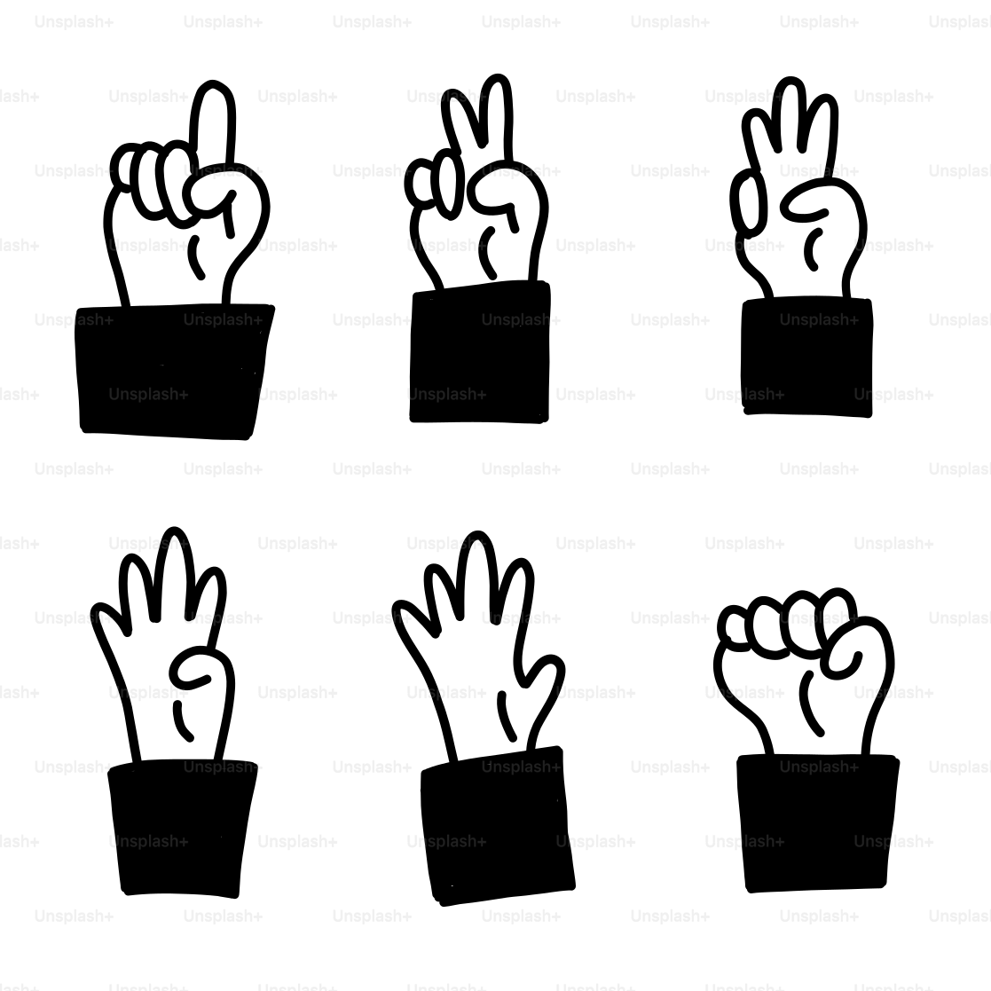 A set of six hand gestures in black and white vector – Illustrations ...