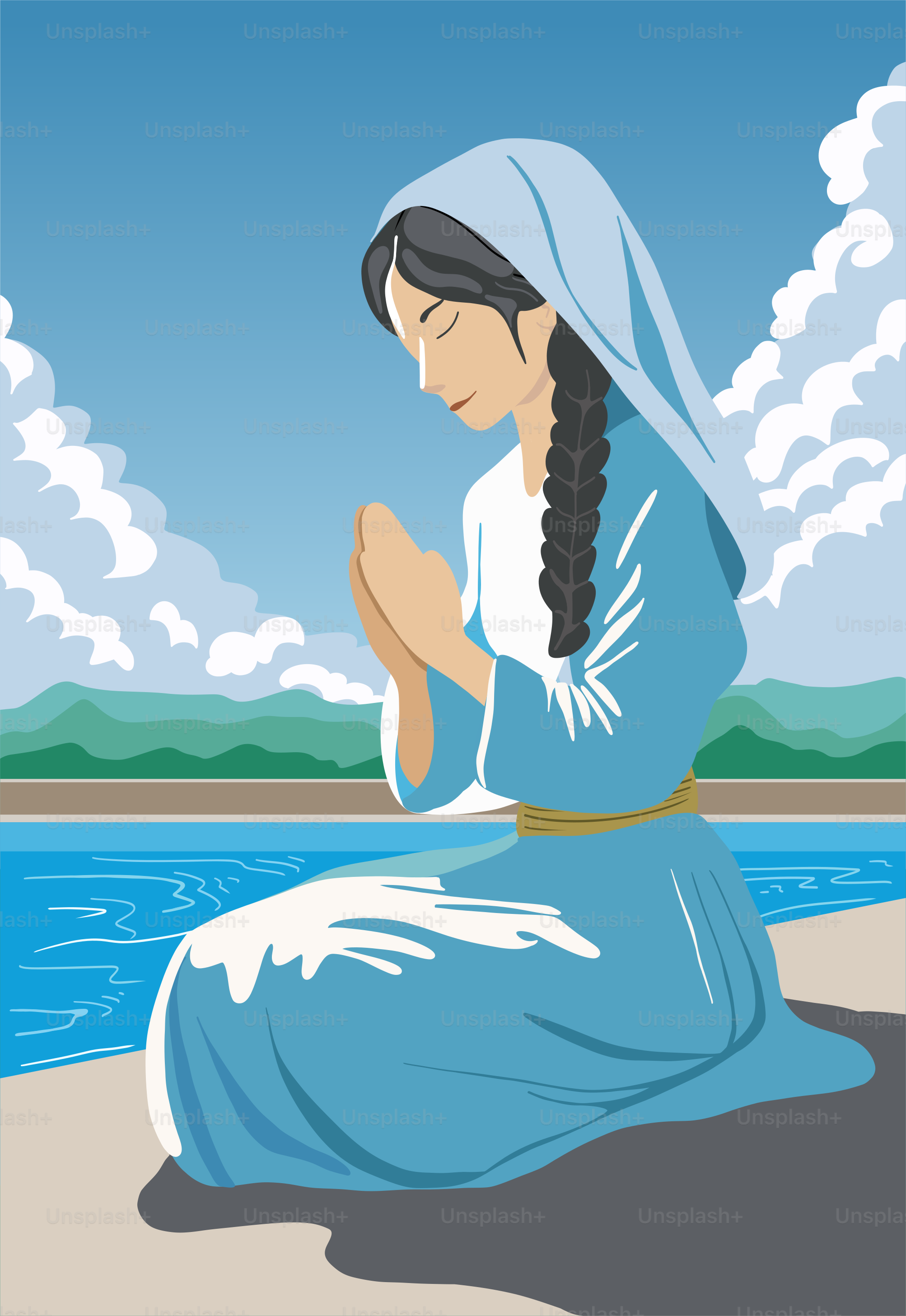 A woman in a blue dress sitting on a beach vector – Vector Image on ...