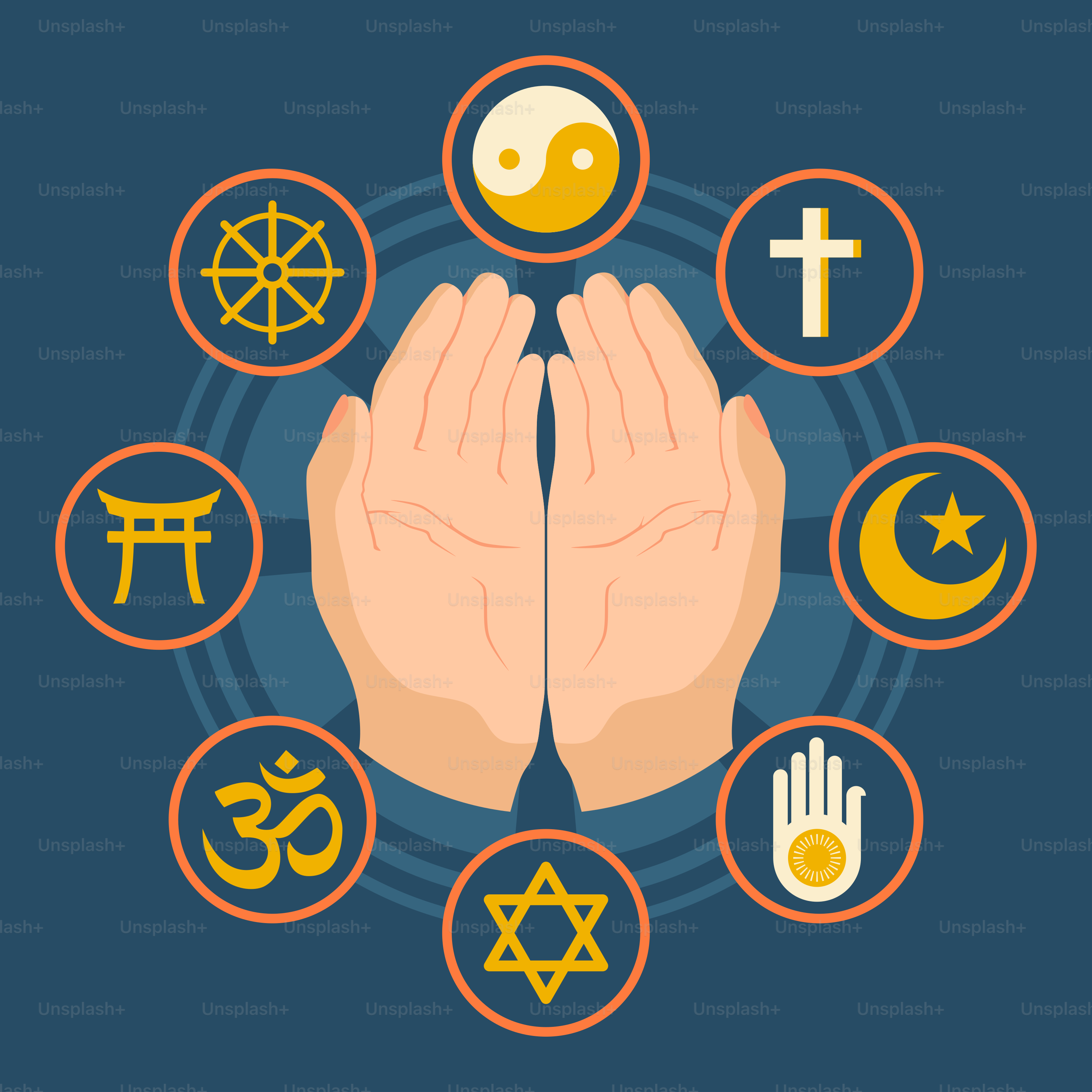 Dos manos con símbolos rodeándolas en un círculo vector – Imagen de Fe ...