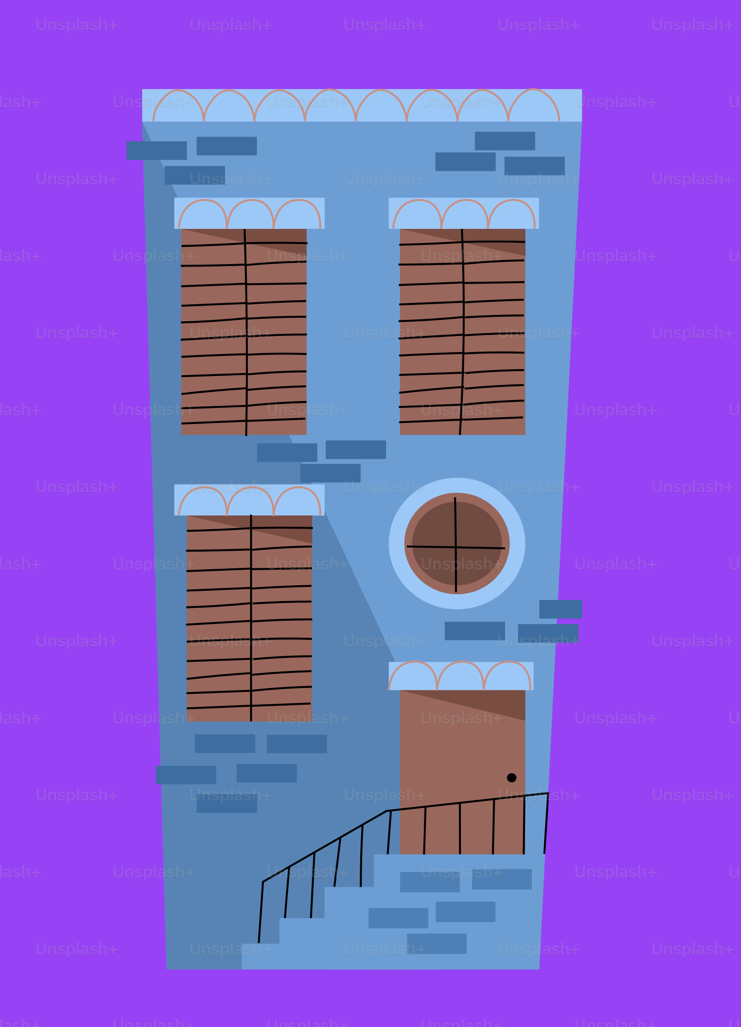 A tall blue building with windows and a staircase vector – Wallpaper ...