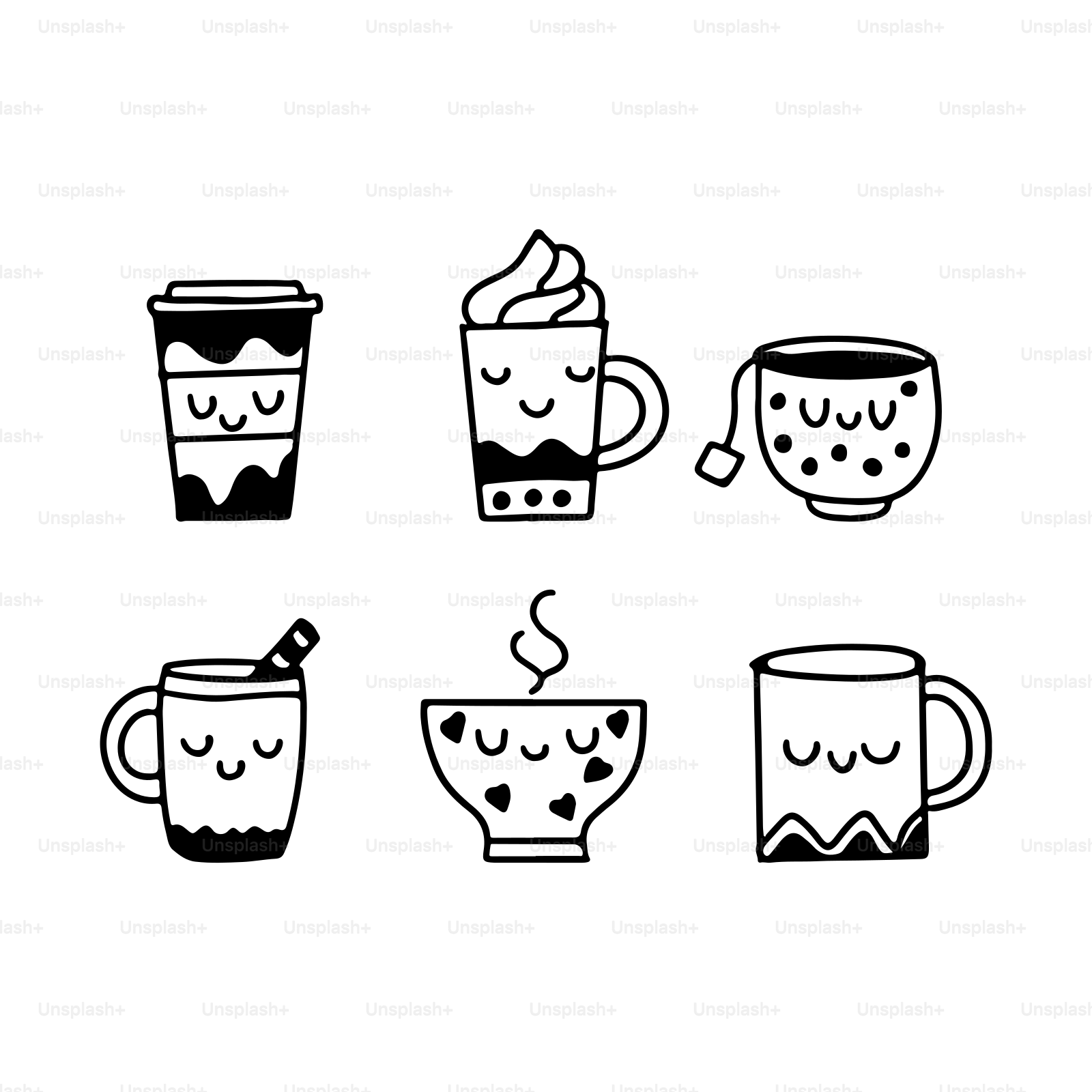 A set of coffee cups with faces drawn on them vector – Wallpaper Image ...