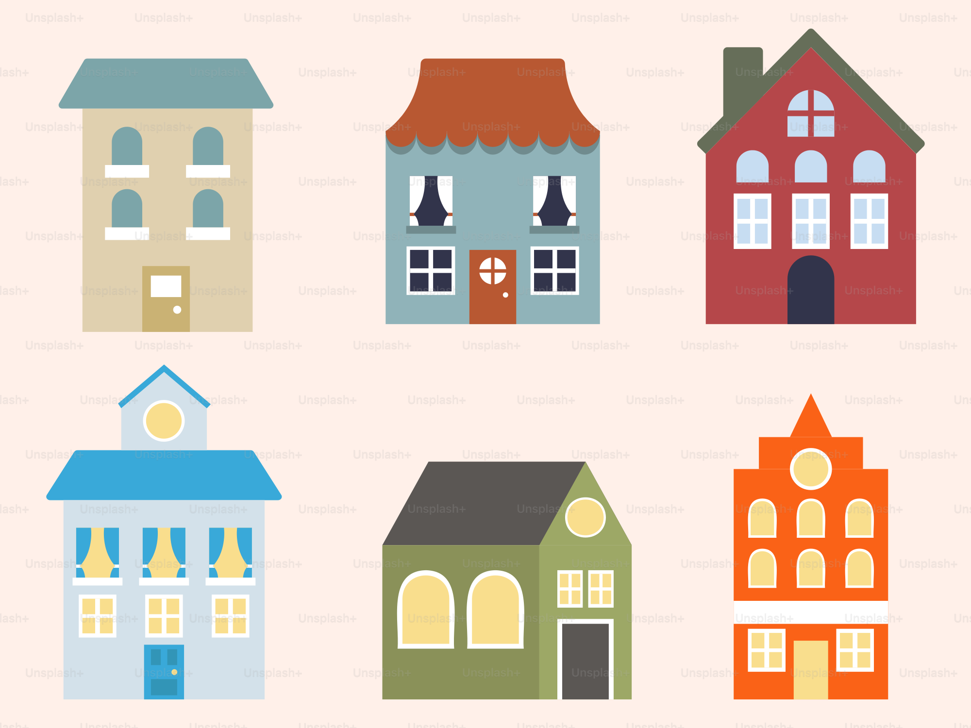 A bunch of houses that are on a pink background vector – Colorful ...