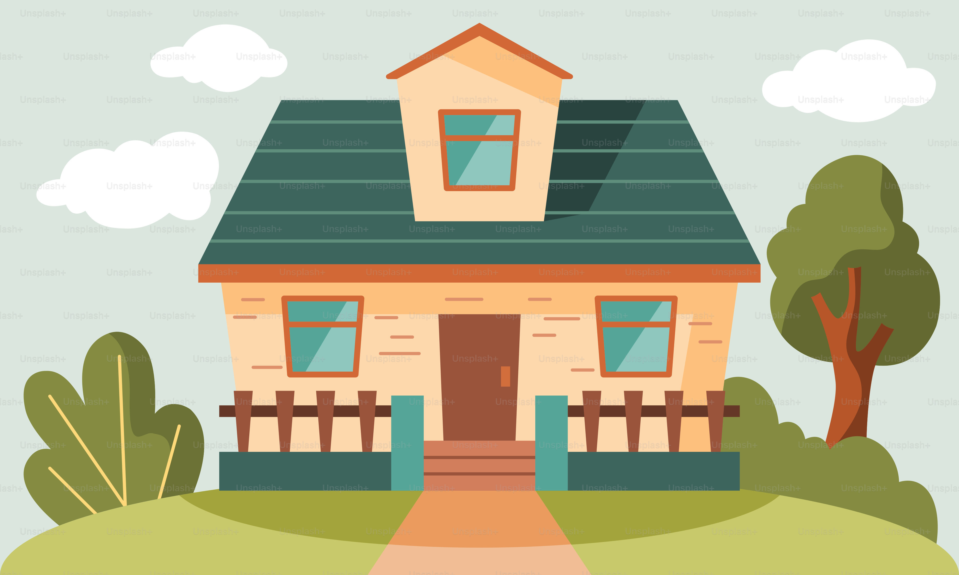 A house on a hill with trees and clouds in the background vector ...