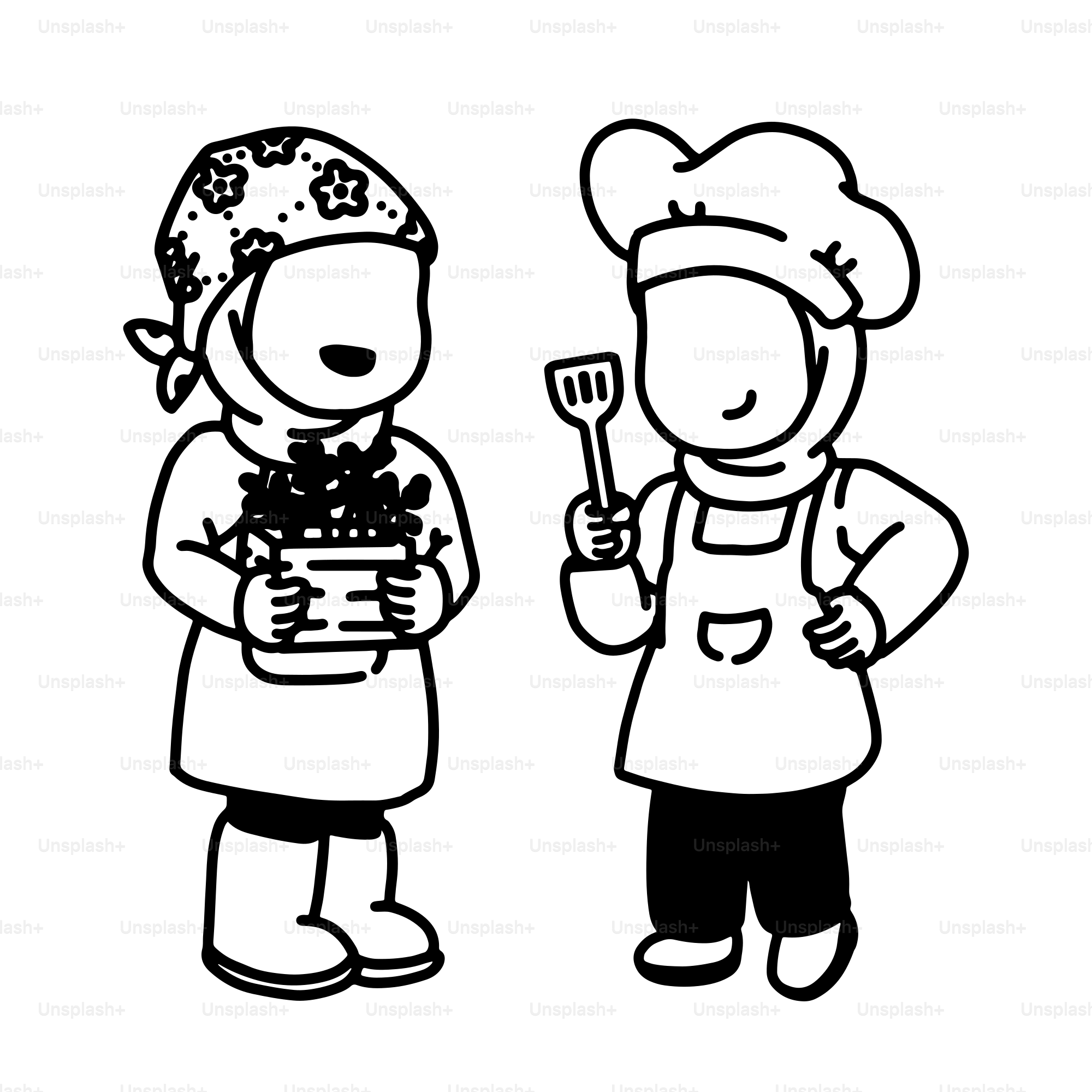 A black and white drawing of two people cooking vector – Wallpaper ...
