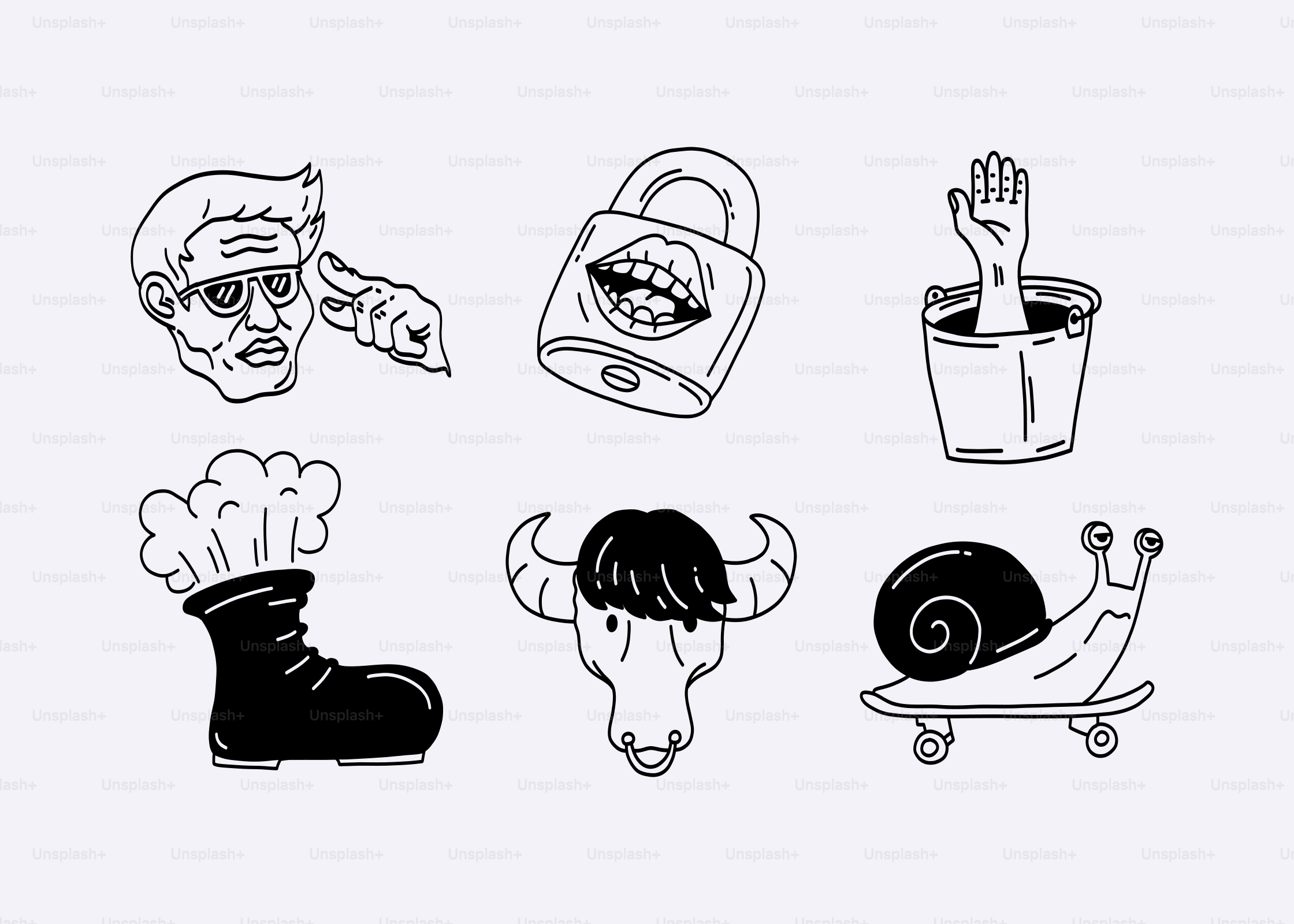 Un dibujo en blanco y negro de varias cosas sobre un fondo blanco ...