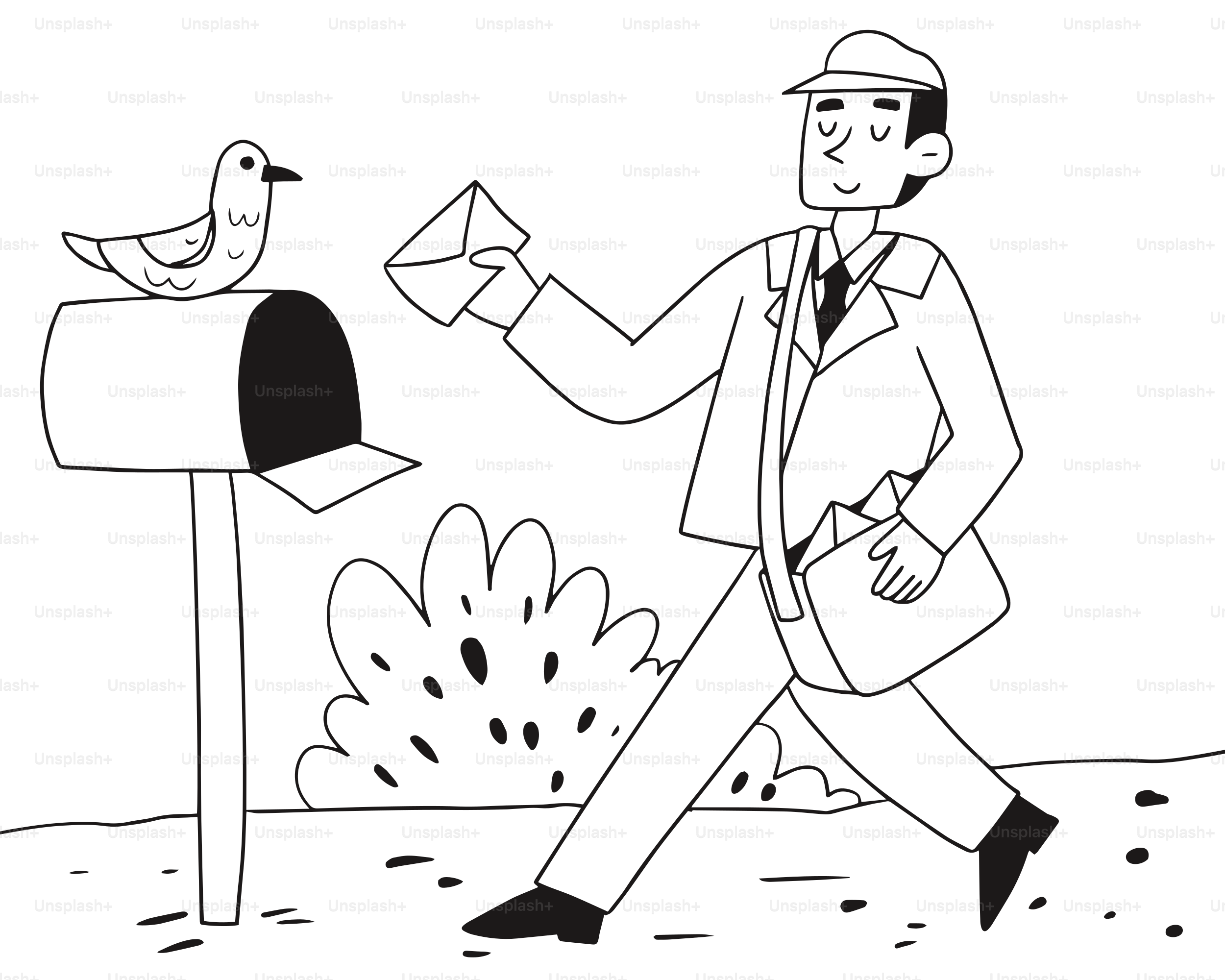 Un disegno in bianco e nero di un uomo con una cassetta della posta ...