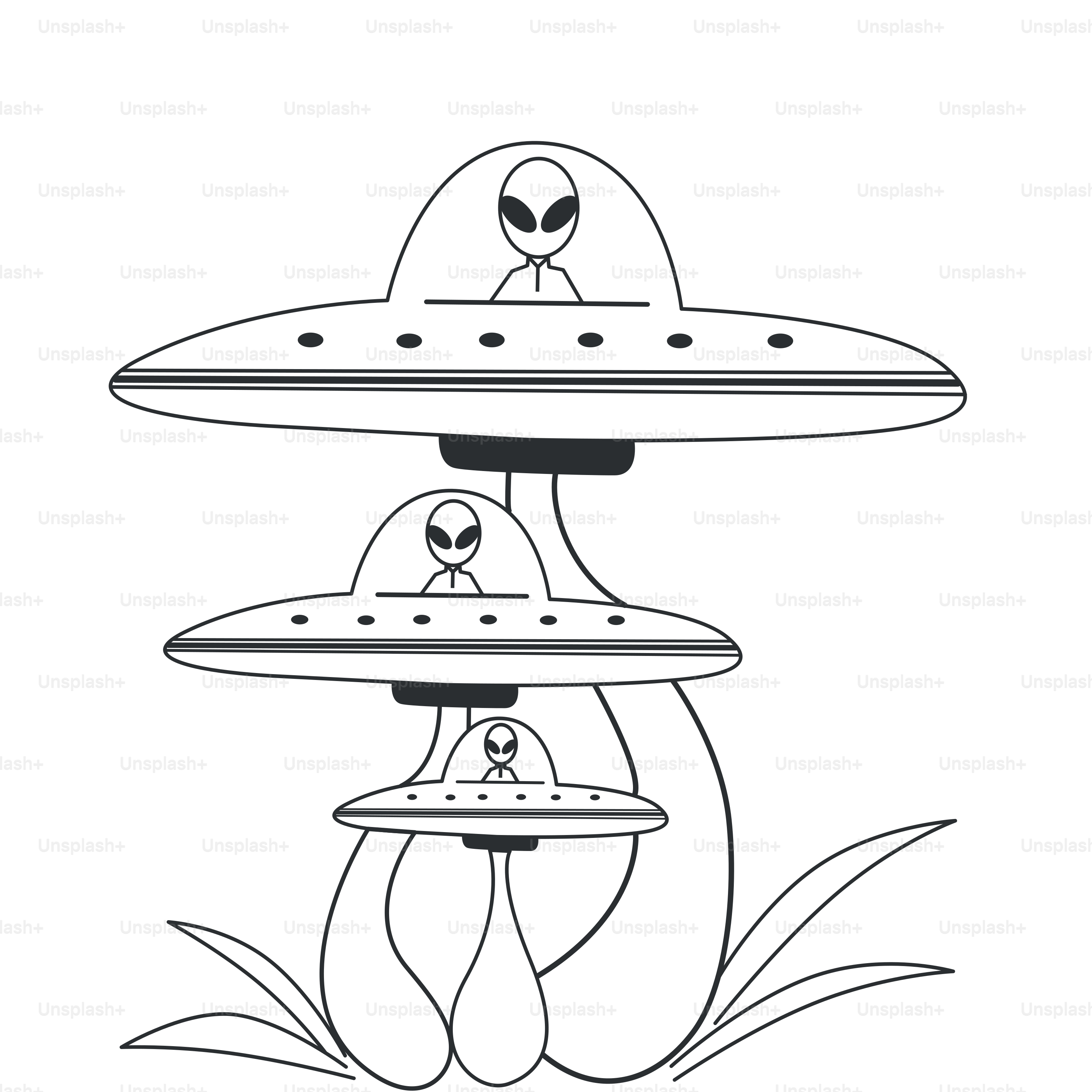 A black and white drawing of a mushroom with aliens on it vector ...