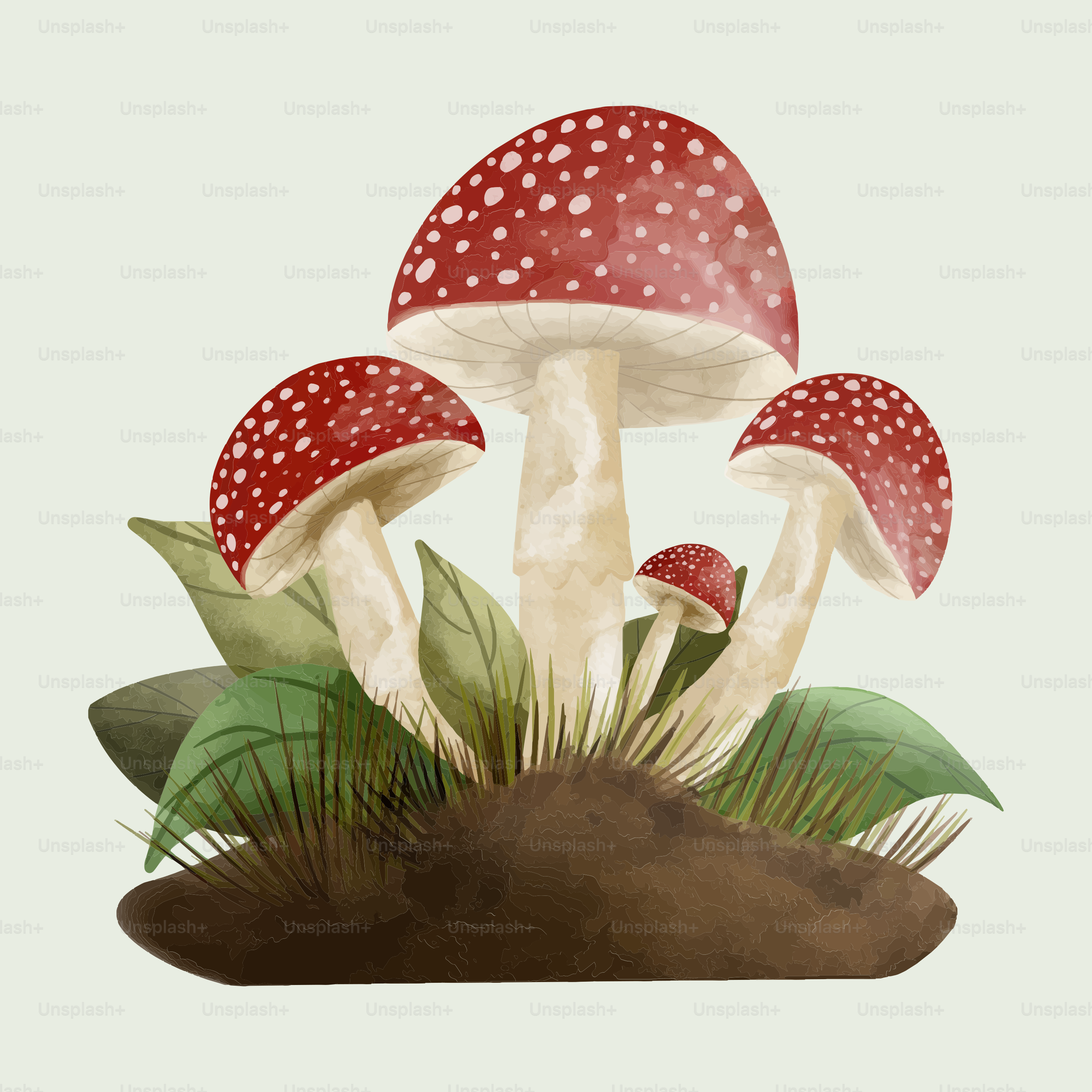 A group of mushrooms sitting on top of a patch of grass vector ...