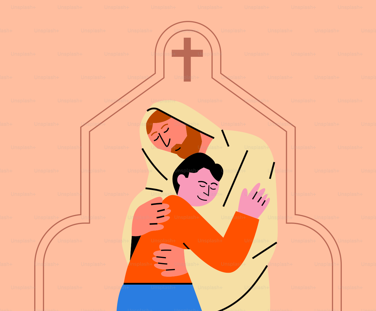 A man hugging a woman in front of a cross vector – Christianity Image ...