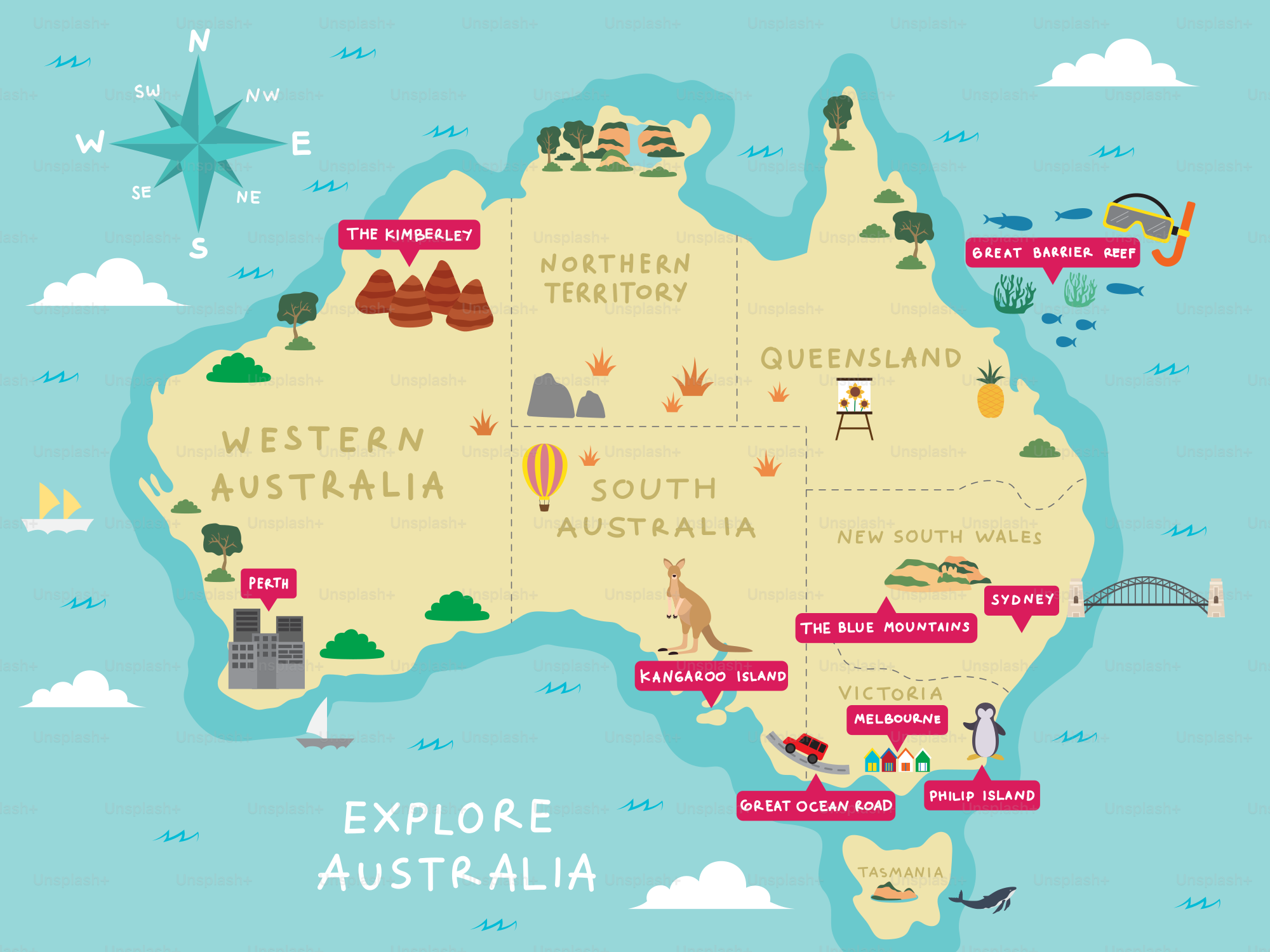 A map of australia with all the major tourist attractions vector ...