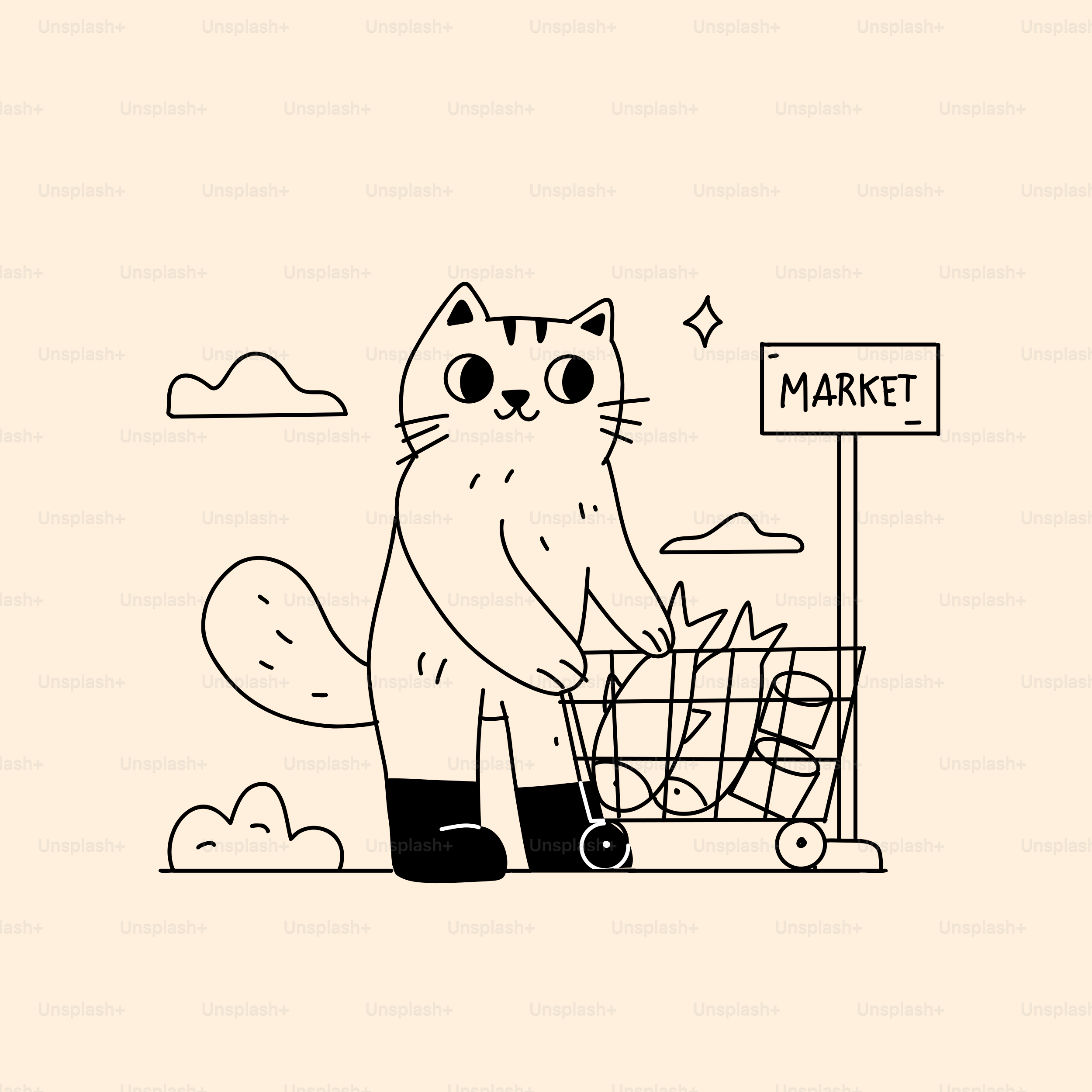 A black and white drawing of a cat with a shopping cart vector – Cat ...