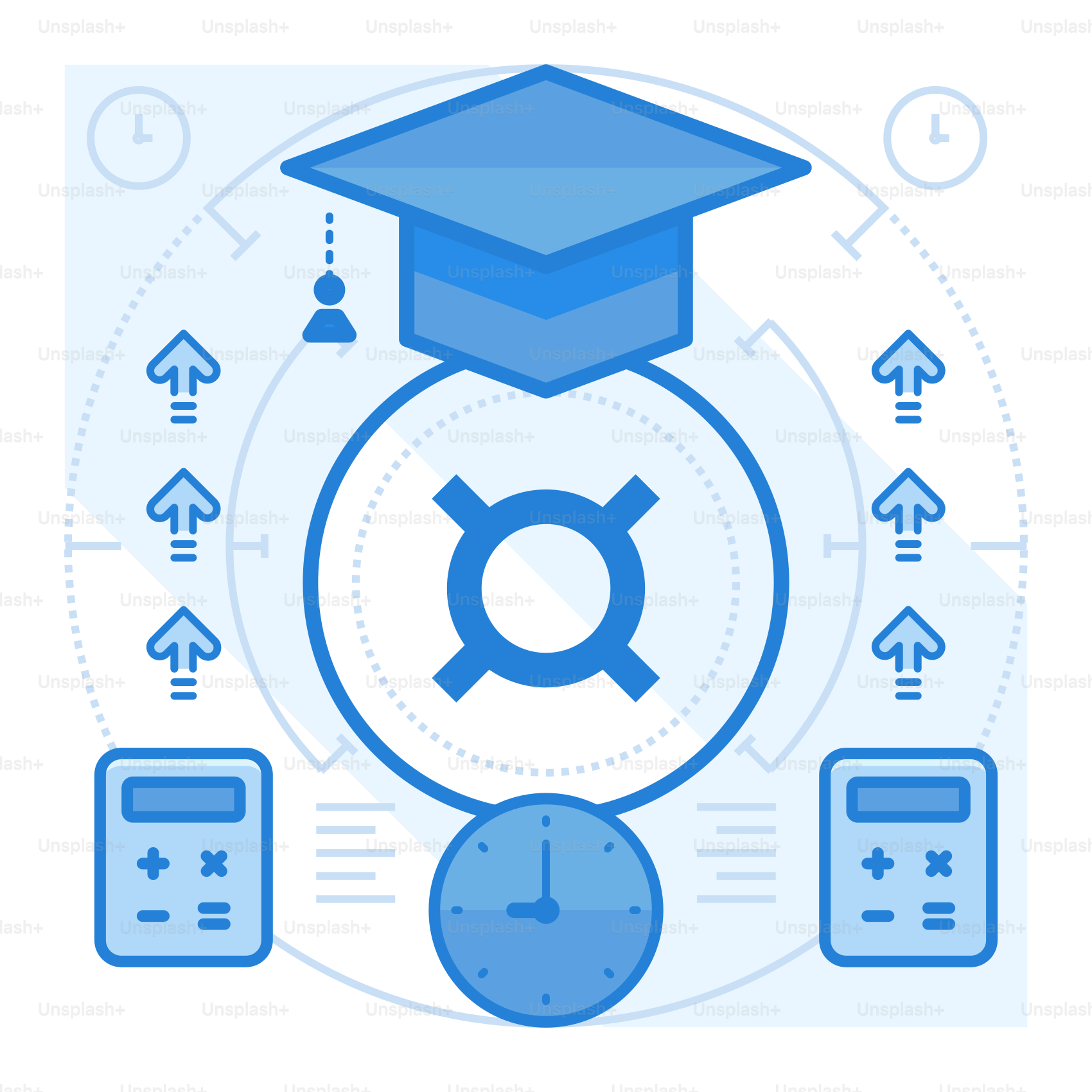 A blue graduation cap and a clock with arrows around it vector ...