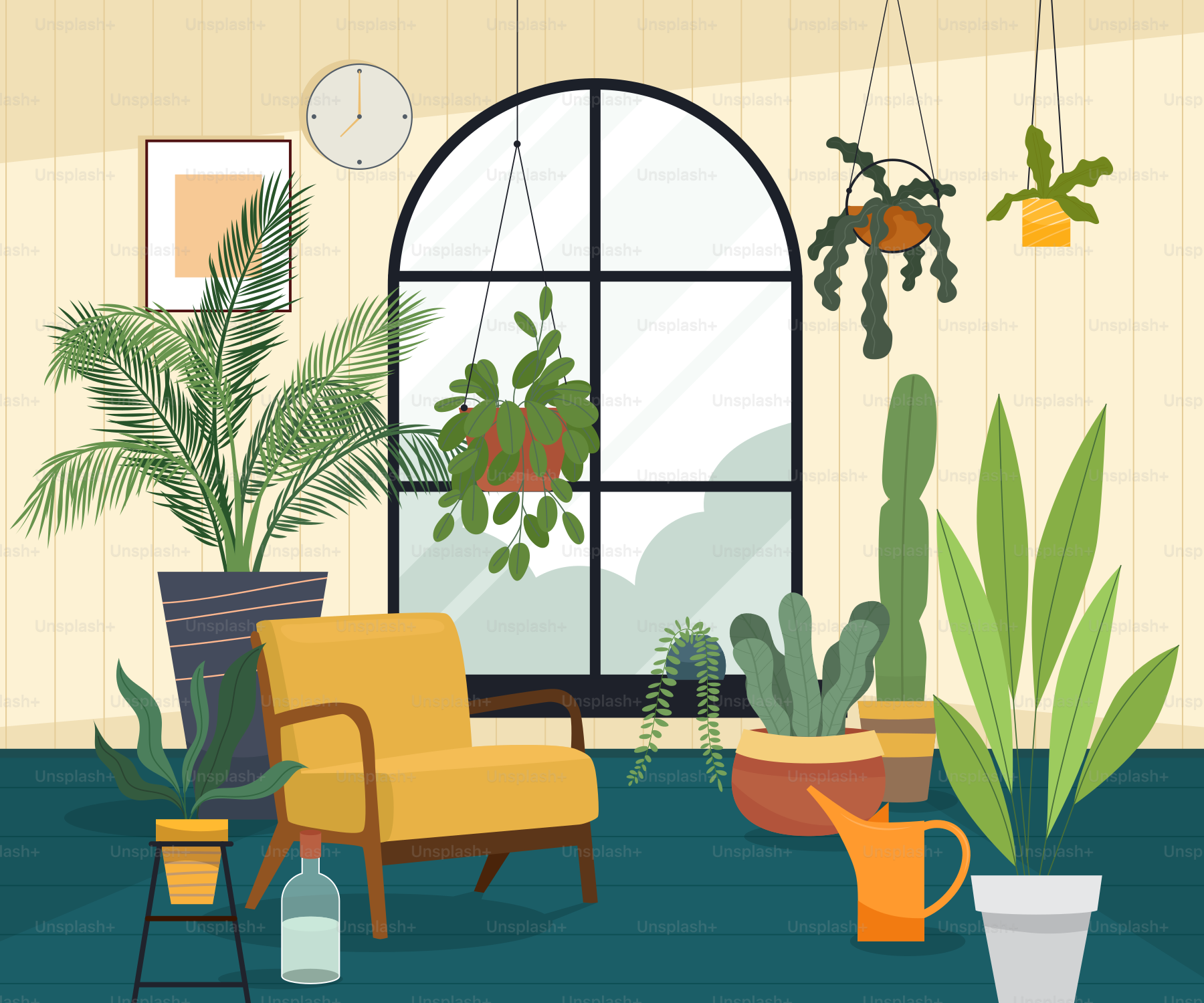 Un salón con un sofá rojo y plantas en maceta vector – Imagen de Diseño ...