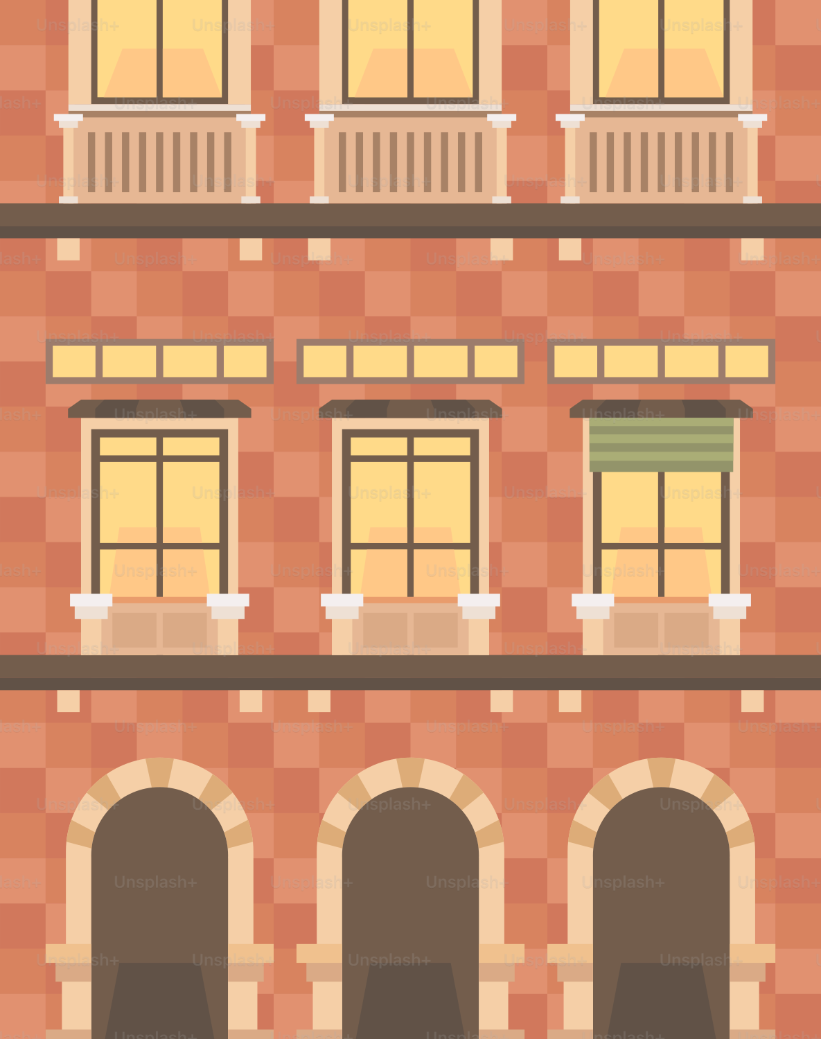 Vektor Sebuah bangunan bata tinggi dengan jendela dan balkon – Gambar ...