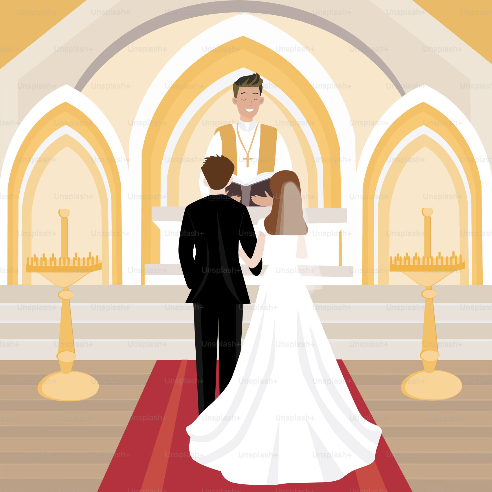 A bride and groom standing in front of a church alter vector – Wedding ...