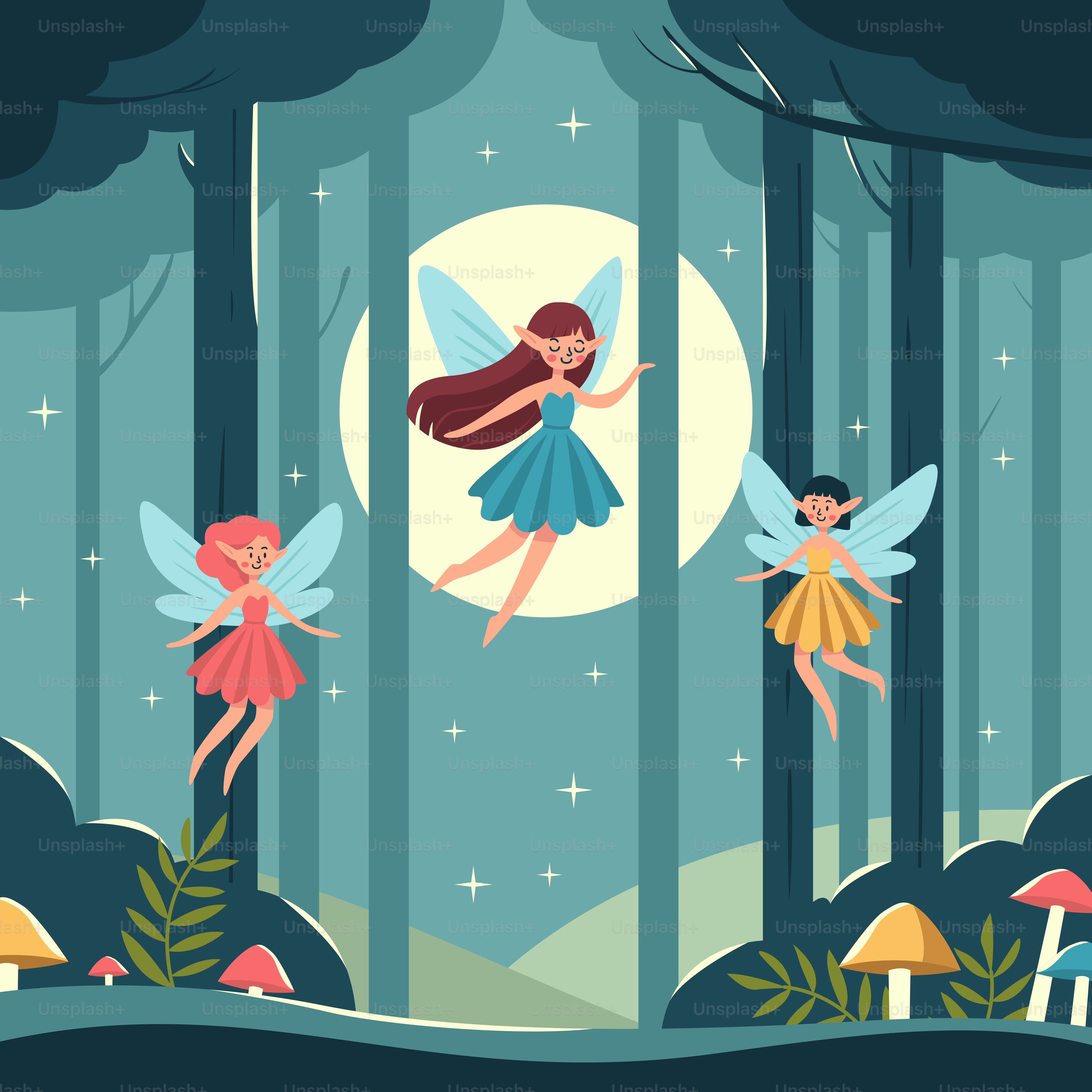 Um grupo de pessoas fadas voando através de uma floresta vetor – Imagem ...