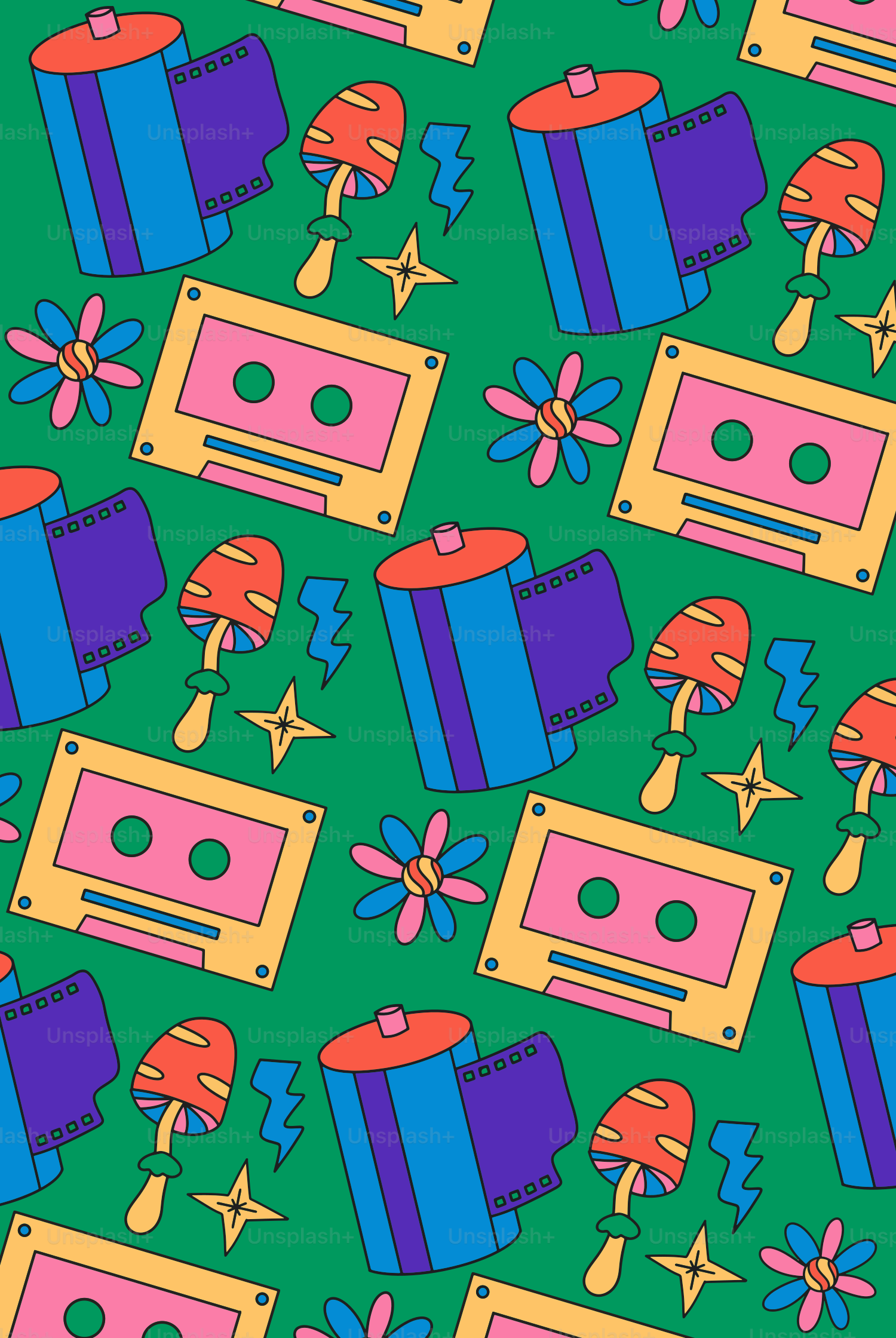 Un fondo verde con un montón de objetos coloridos vector – Imagen de ...