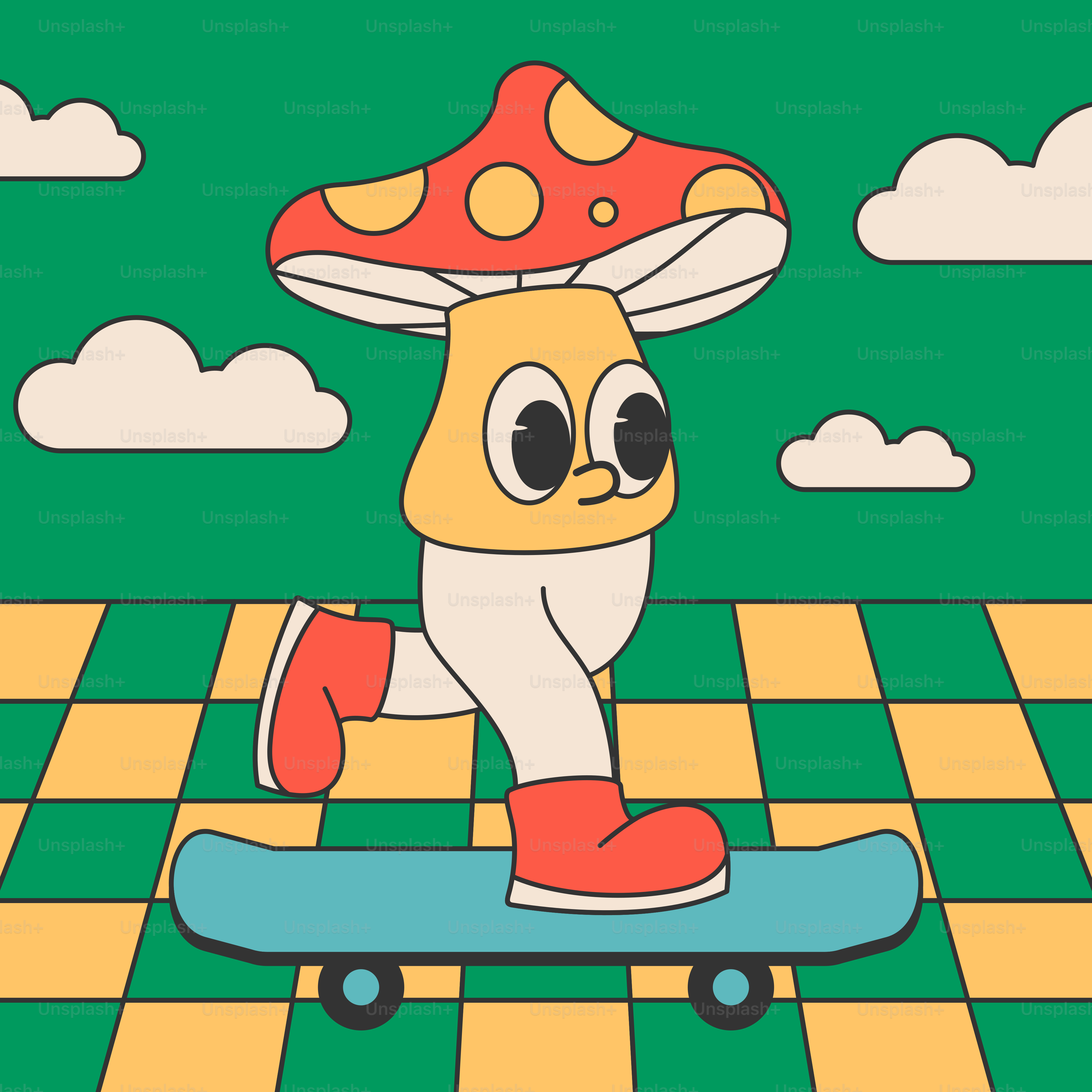 A cartoon character riding a skateboard on a checkered floor vector ...