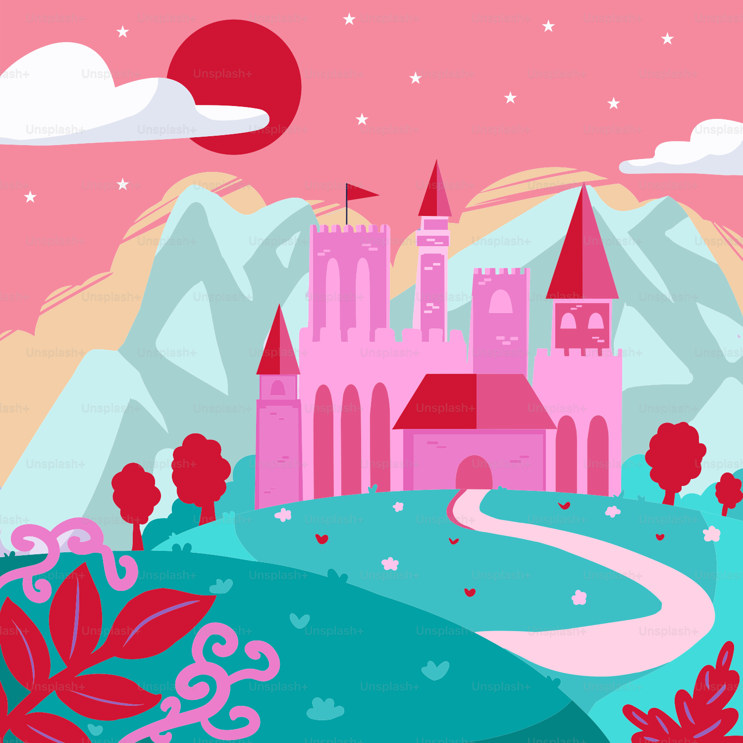 Un castillo rosa en una colina con árboles y flores vector – Imagen de ...