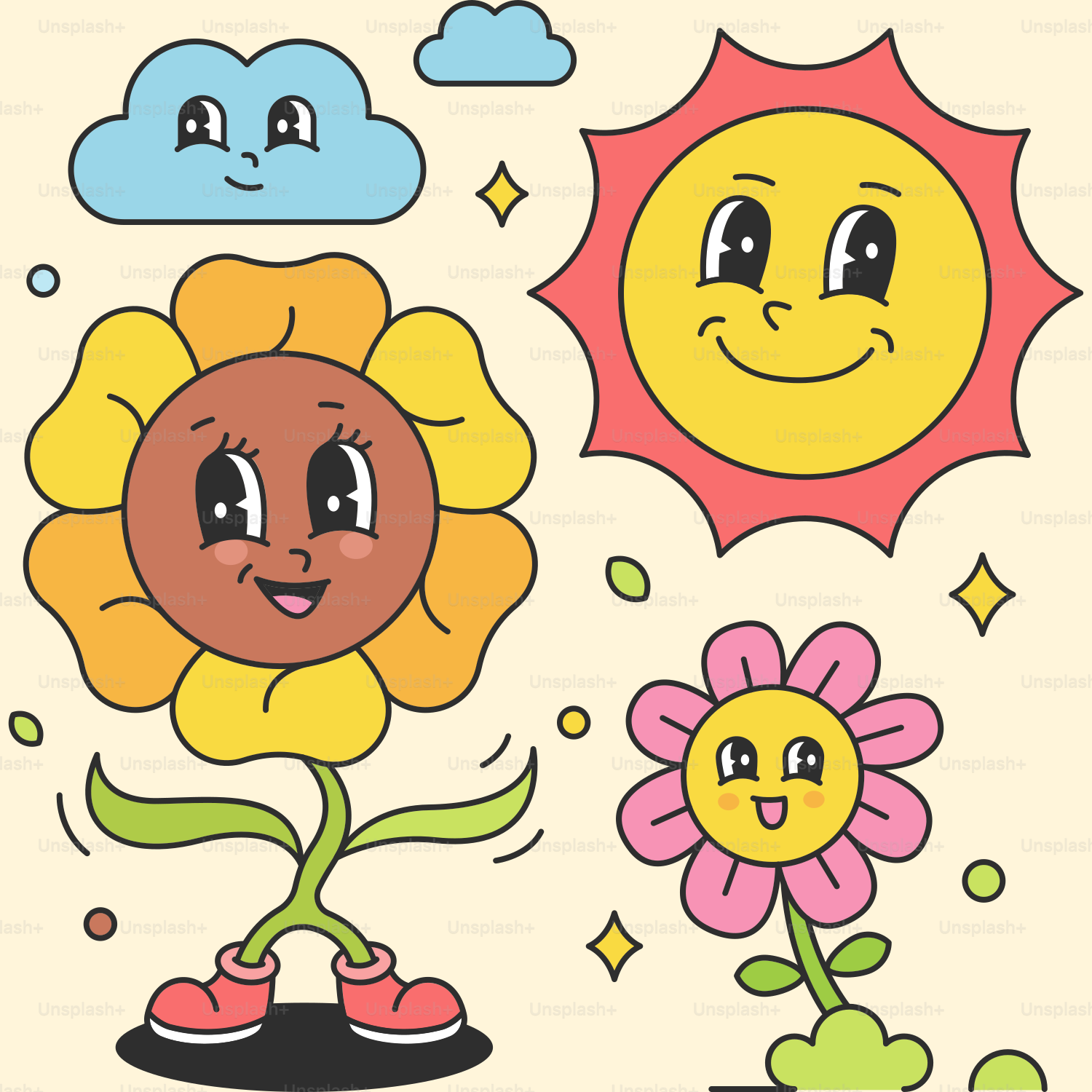 A drawing of a sunflower, a flower, and a smiley face vector – Flowers ...