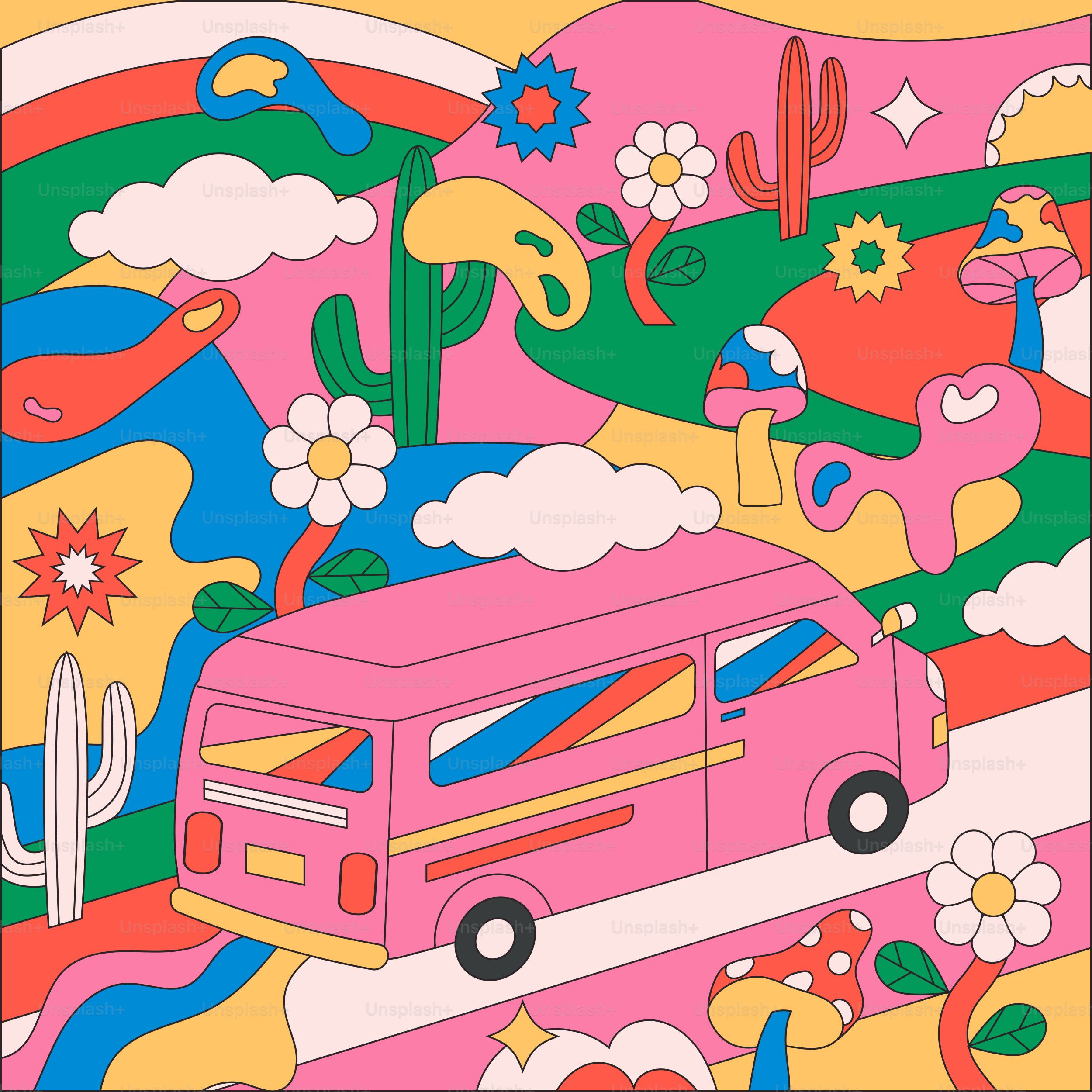 A pink van is parked in front of a cactus vector – Vector Image on Unsplash