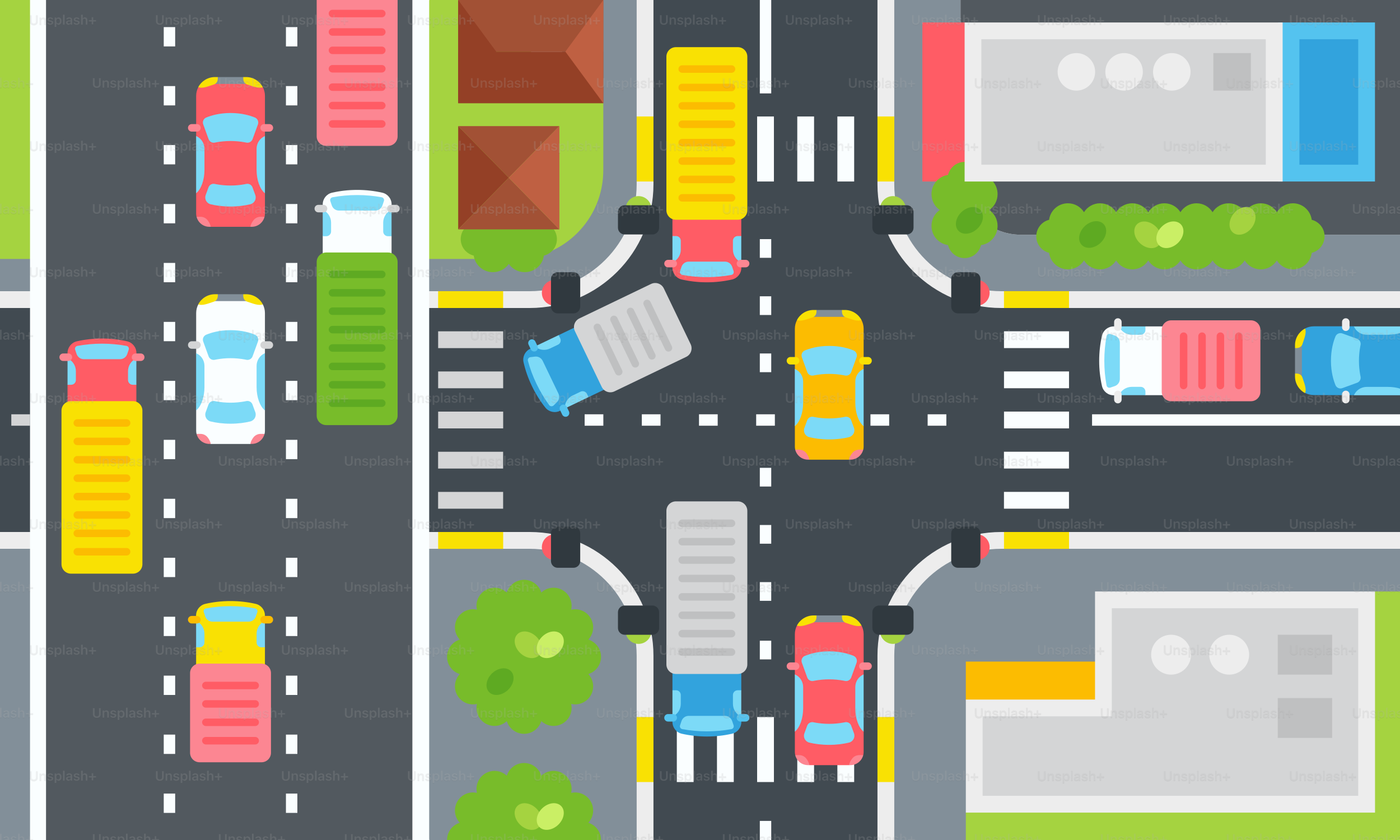 Una vista dall'alto di una strada cittadina con auto e camion ...