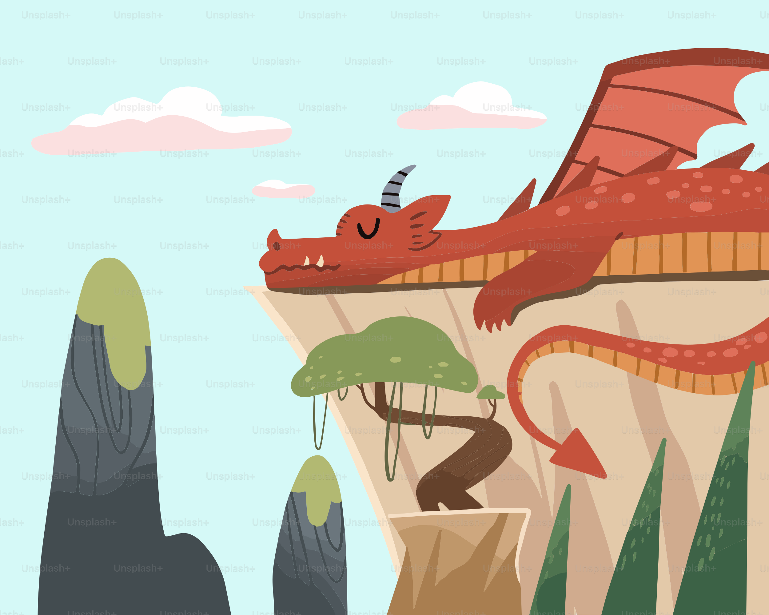 A red dragon is flying over a cliff vector – Flying dragon Image on ...