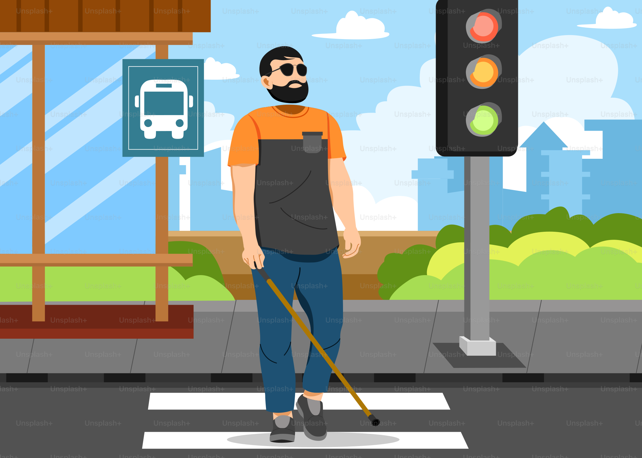 A man is crossing the street with a cane vector – Blind man Image on ...