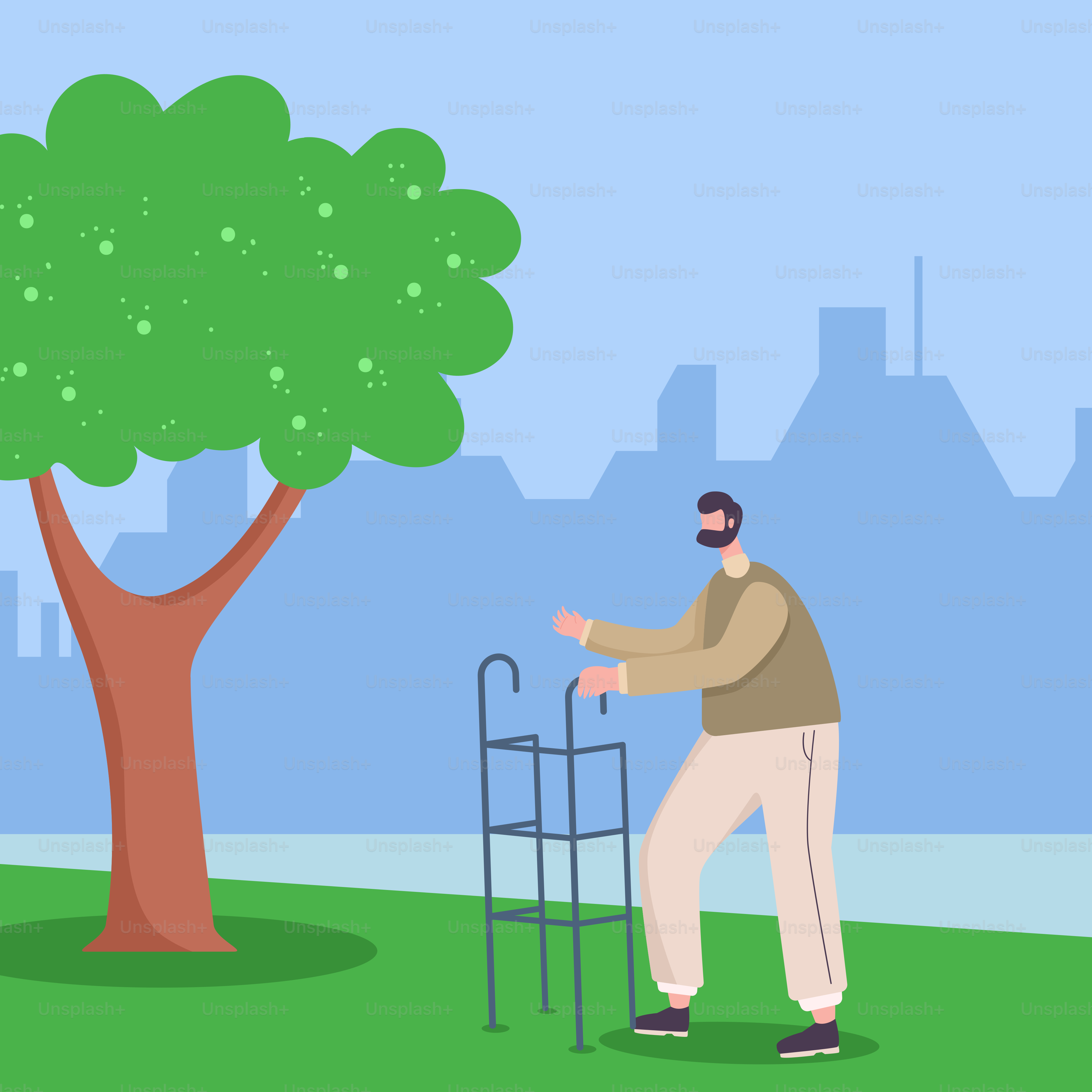 A man standing next to a tree holding a cane vector – Wellness Image on ...