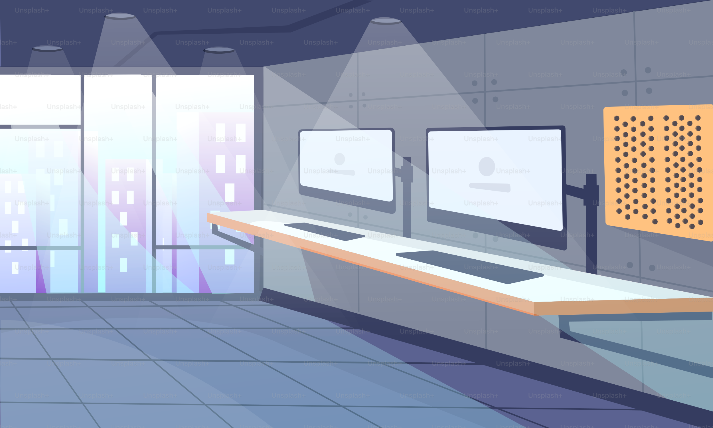 A room that has a bunch of monitors on the wall vector – Modern office ...