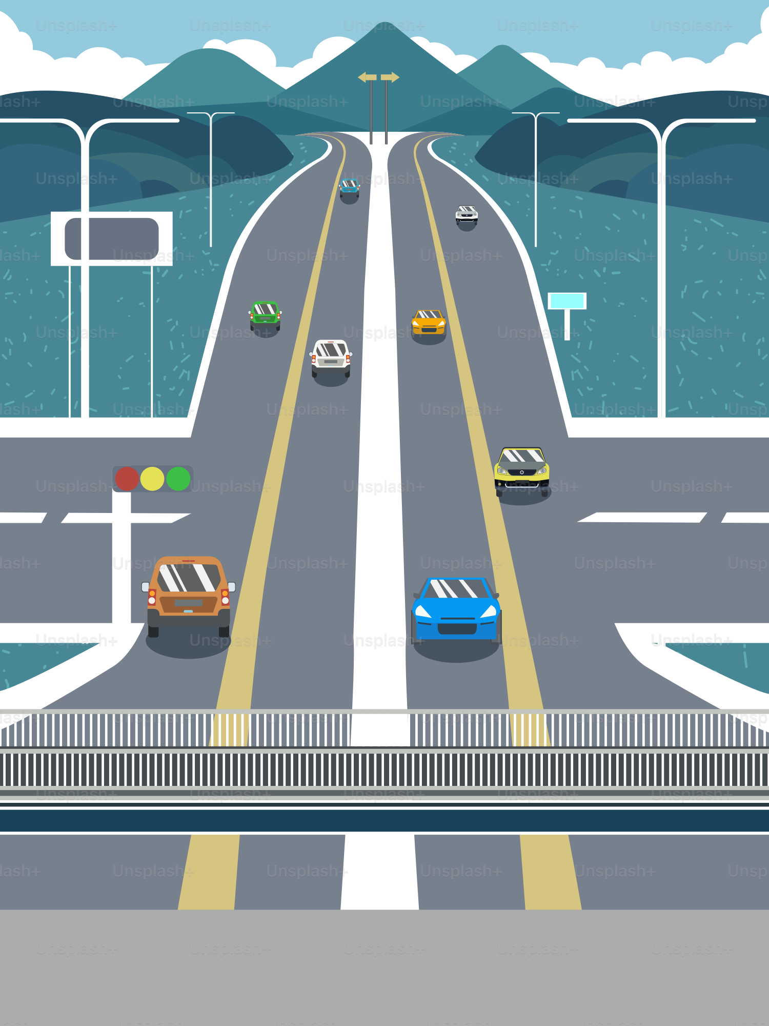 Vektor Sebuah mobil melaju di jalan di sebelah lampu lalu lintas ...