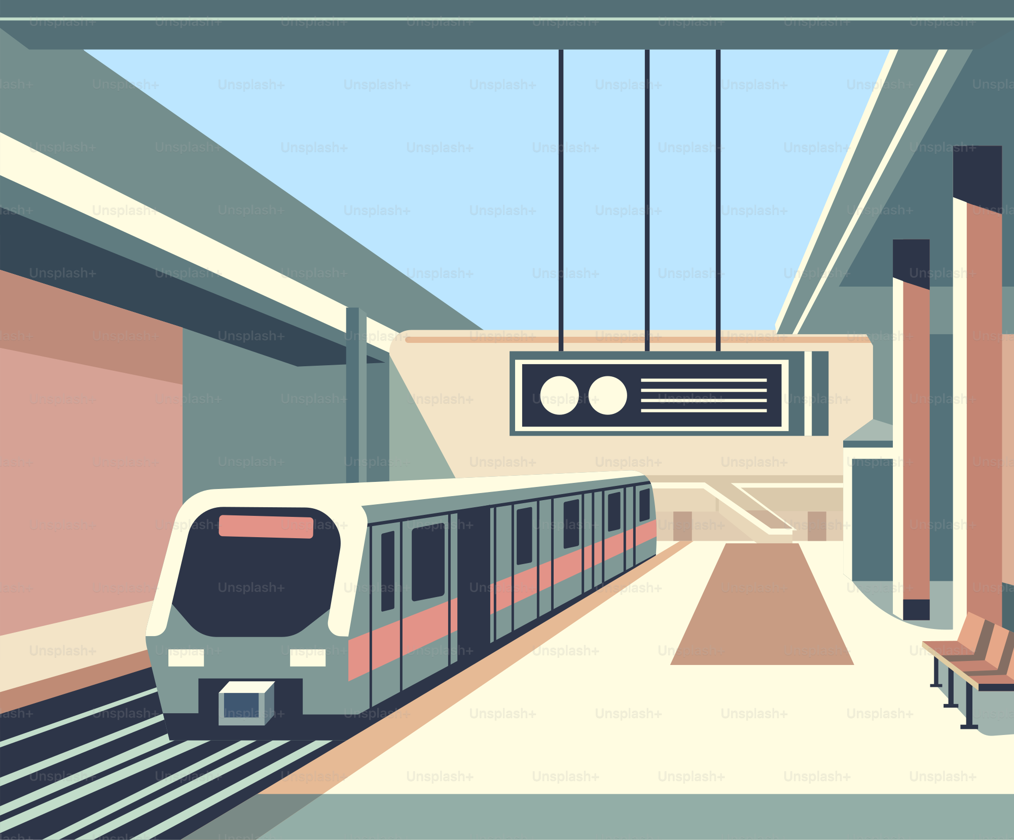 Vektor Sebuah kereta api menepi ke stasiun kereta api – Gambar ...