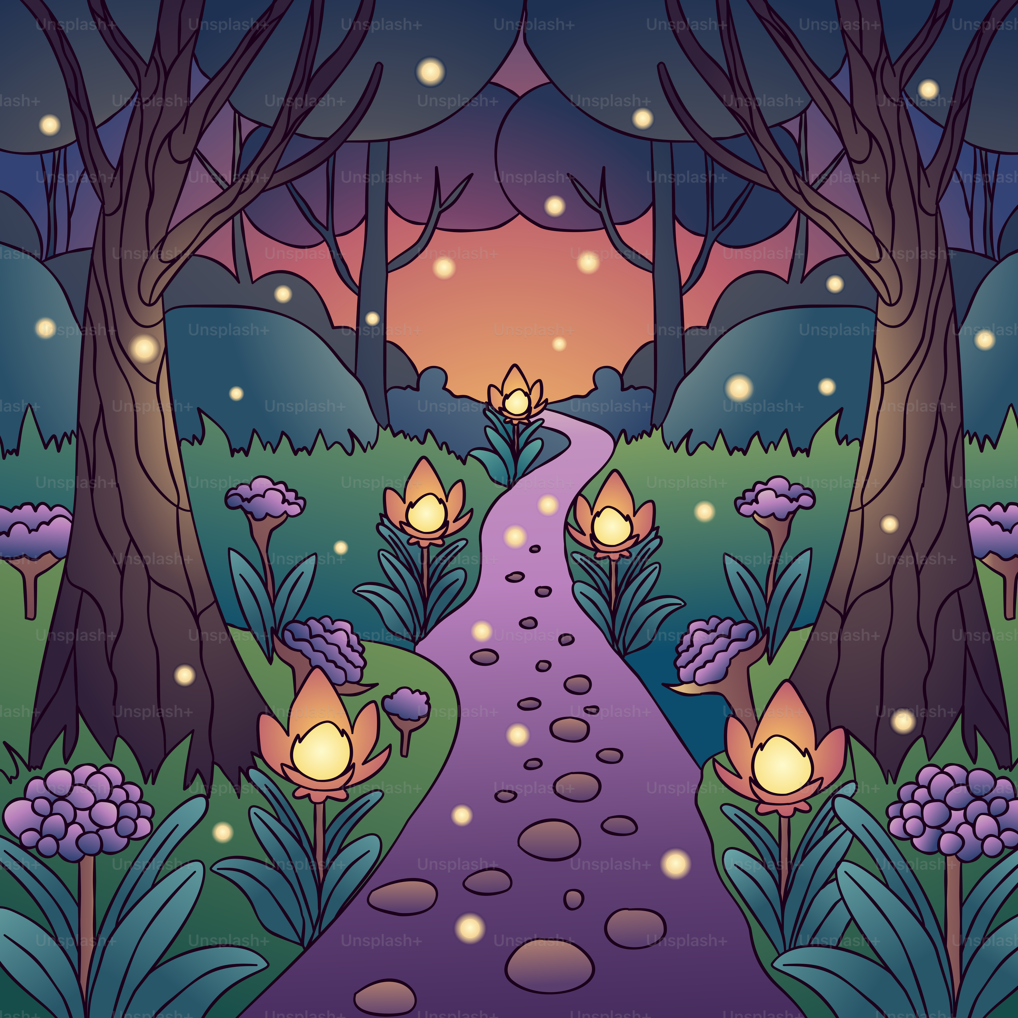 A painting of a path through a forest at night vector – Enchanted ...