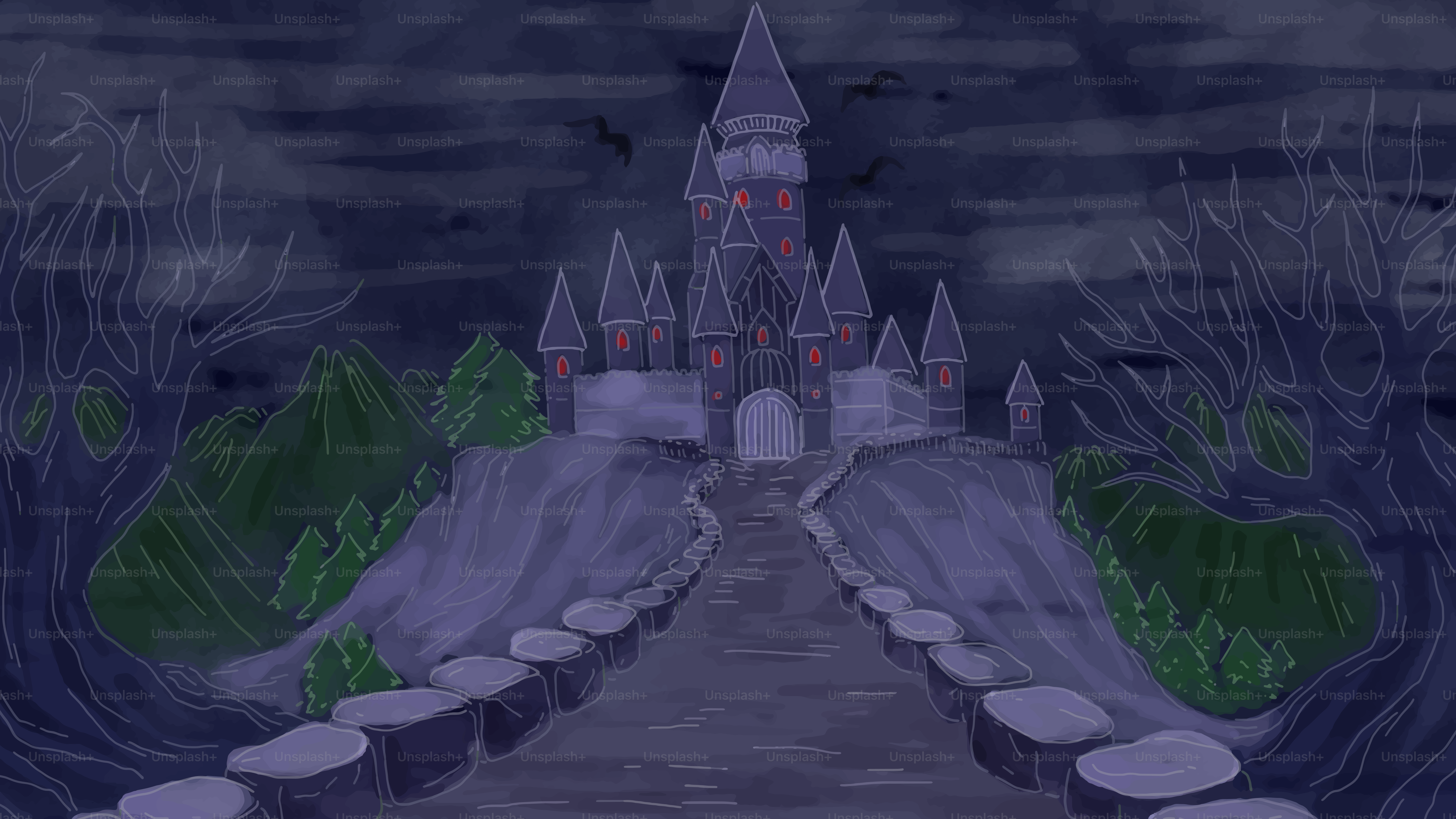 Vektor Gambar kastil dengan jalan setapak menuju ke sana – Gambar Gelap ...