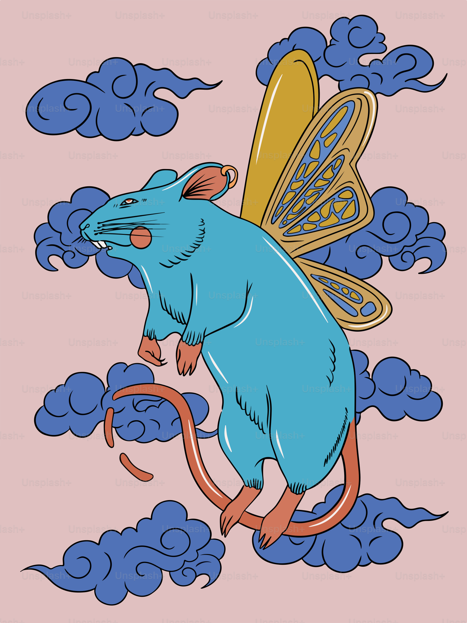 Una rata de dibujos animados con una mariposa en la espalda vector ...