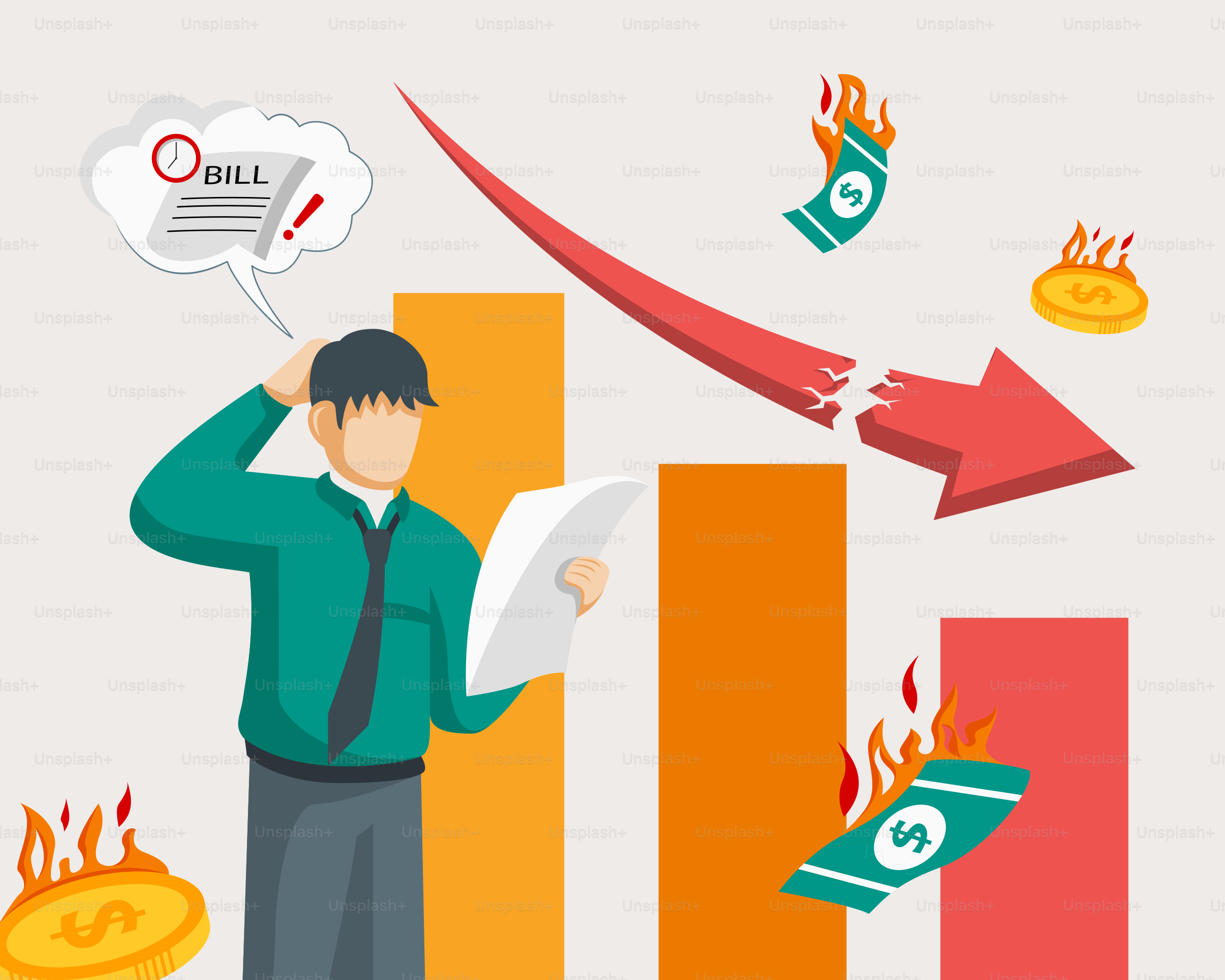 A man standing in front of a bar chart vector – Financial panic Image ...