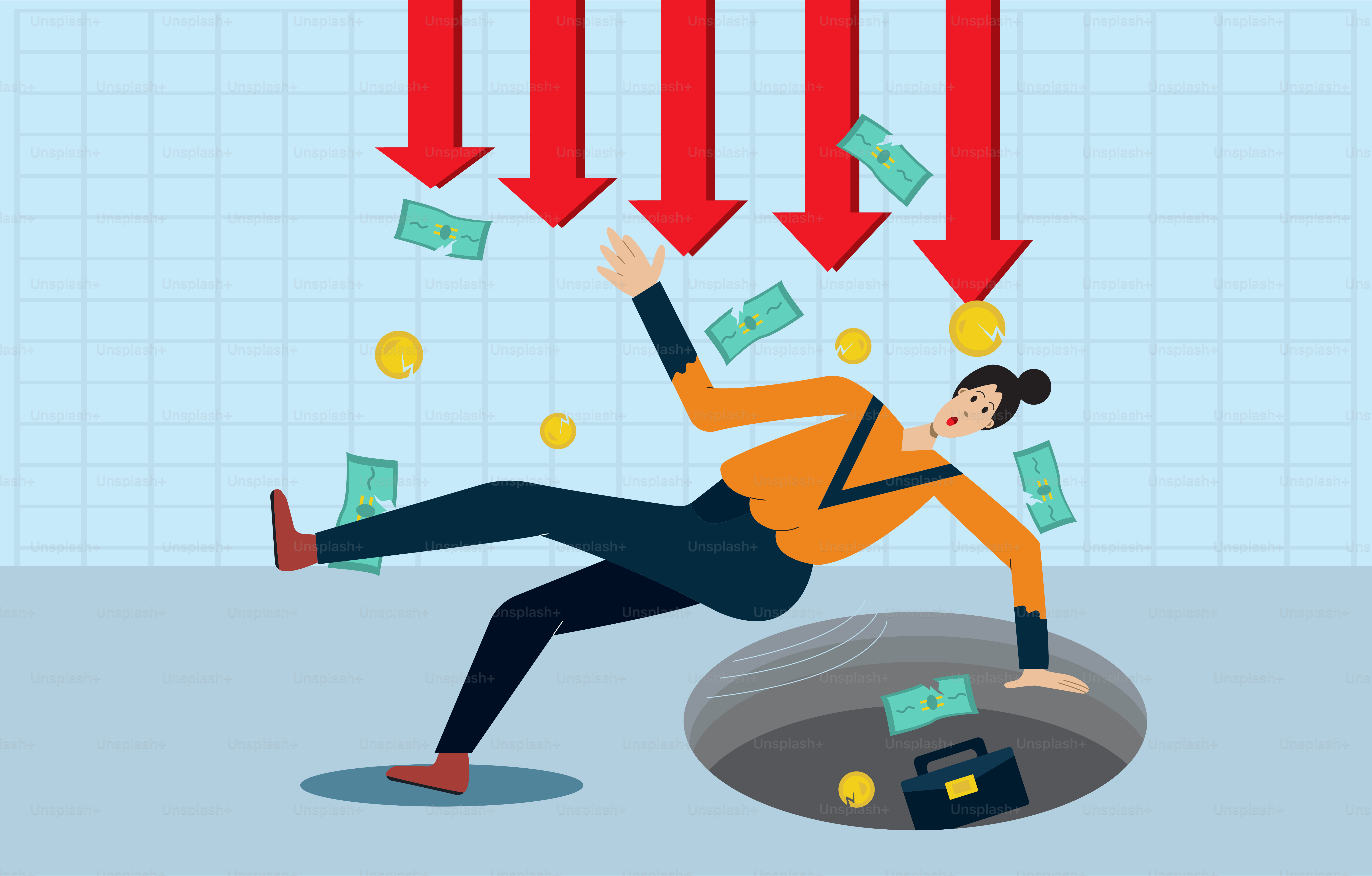 A man falling into a hole with money coming out of it vector – Flat ...