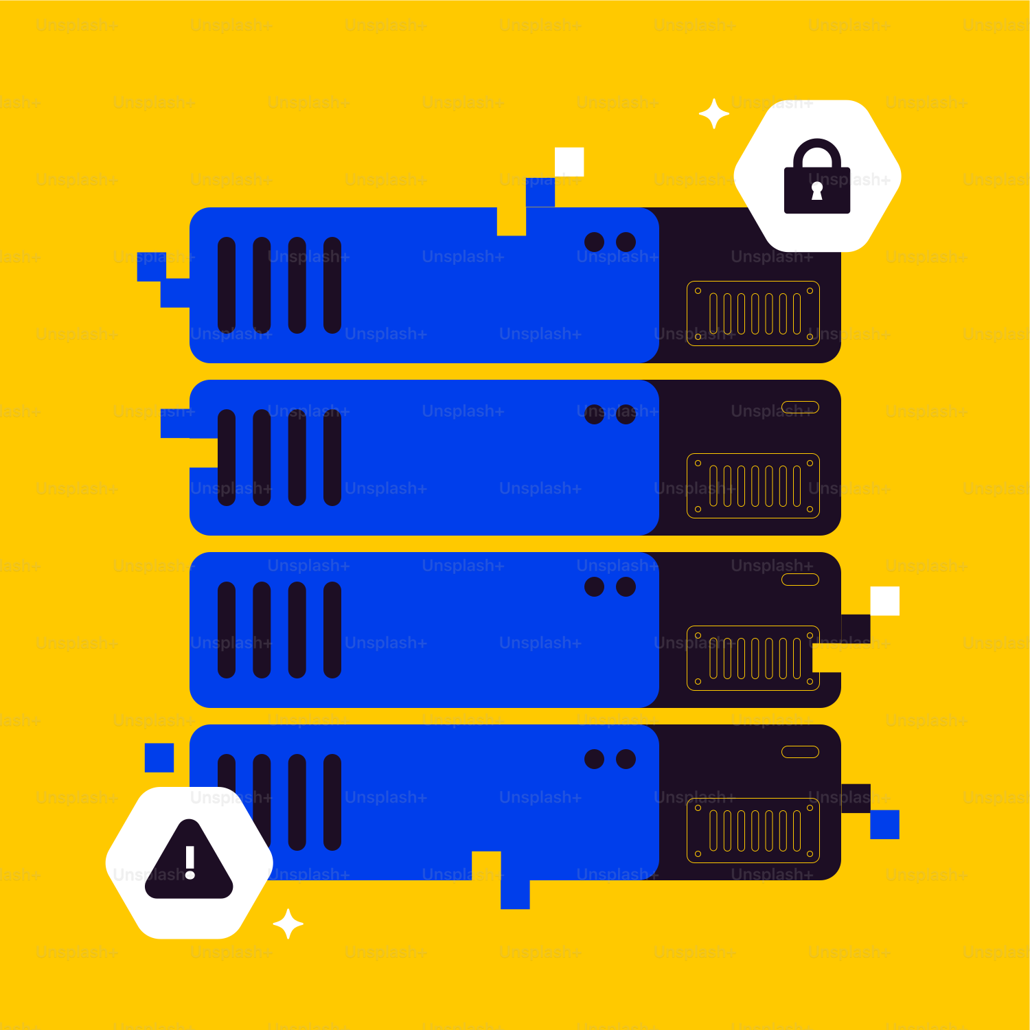A yellow and blue poster with a picture of a stack of servers vector ...