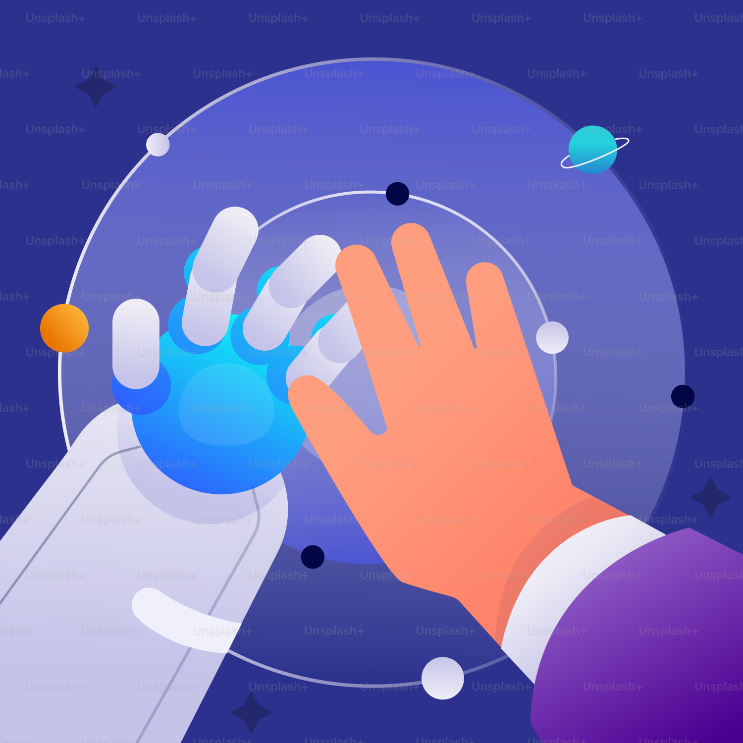 A hand reaching for a blue object on a purple background vector ...