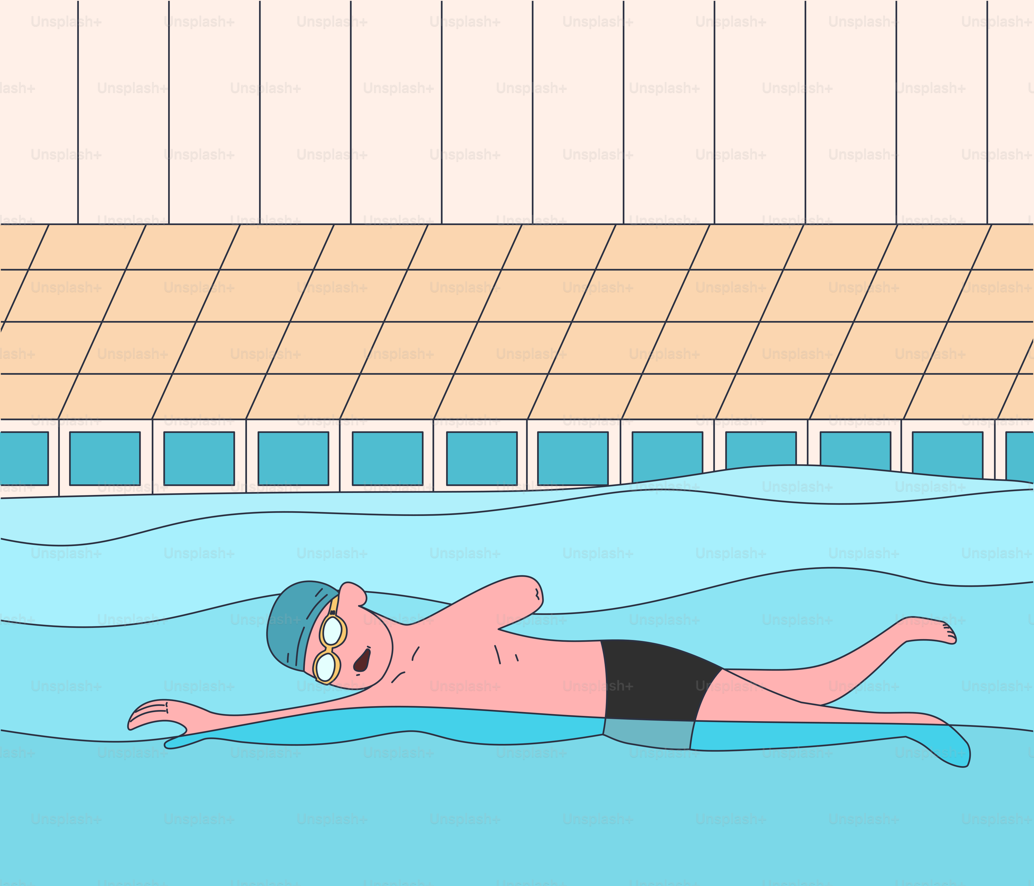 Vektor Seorang pria berenang di kolam renang dengan papan renang ...