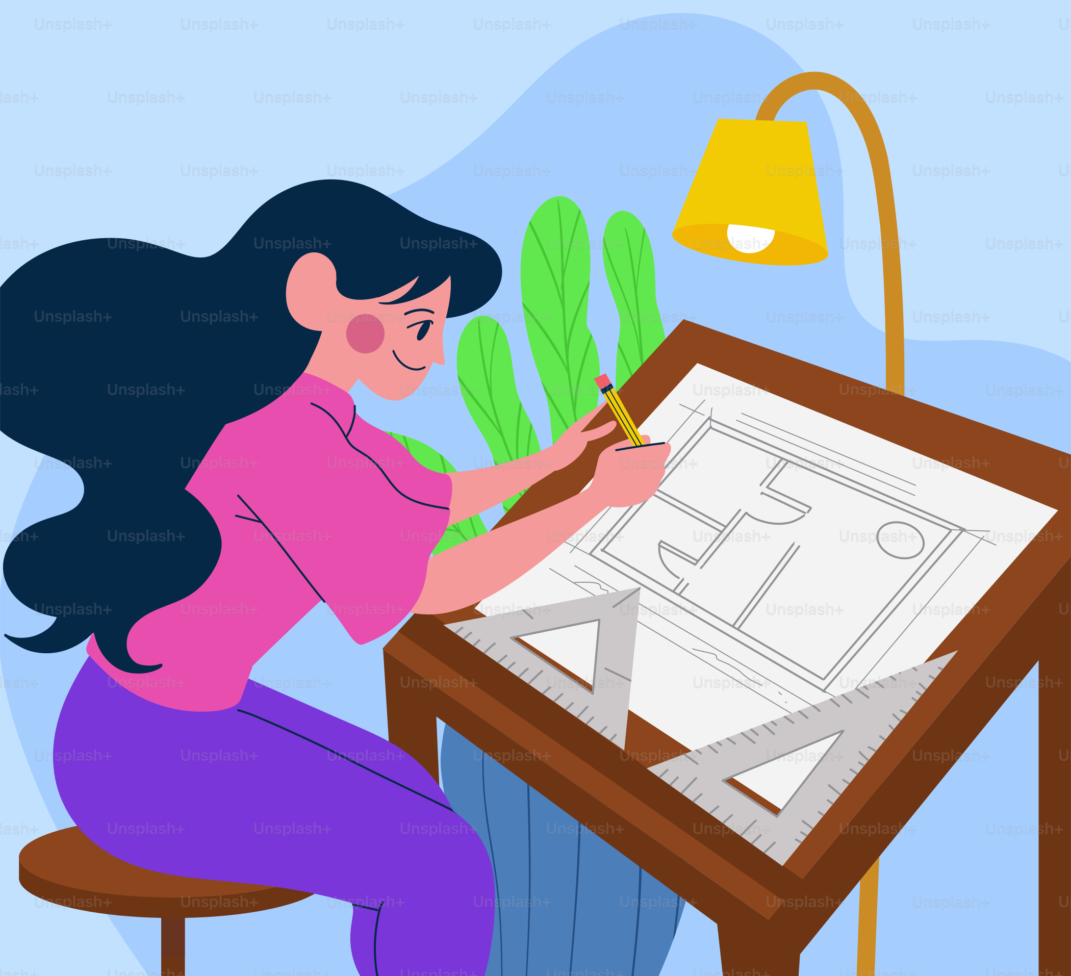 A woman sitting at a desk writing on a piece of paper vector ...