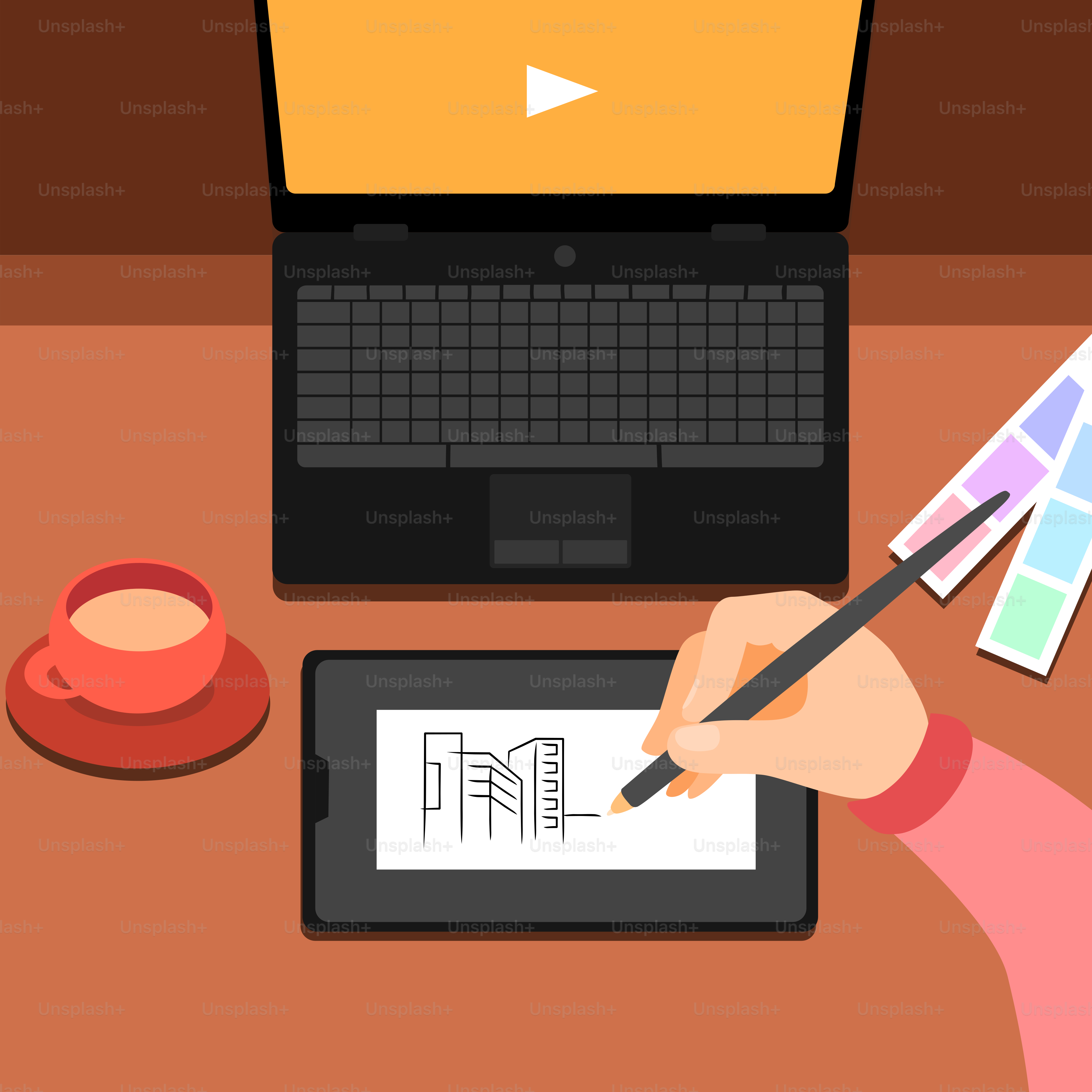 Vektor Seseorang menulis di selembar kertas di sebelah laptop – Gambar ...