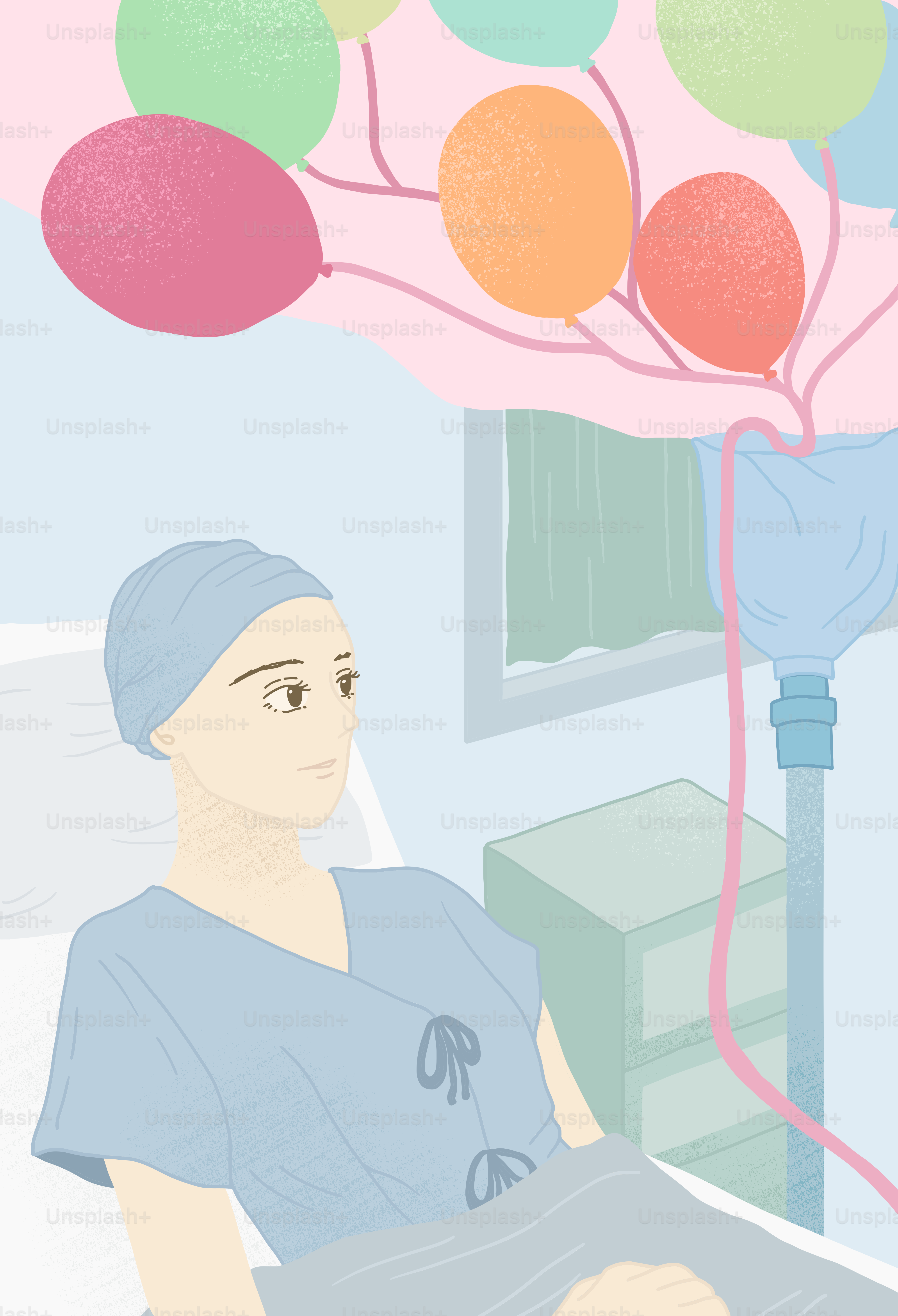 A woman sitting on a bed with a bunch of balloons vector – Chemotherapy ...