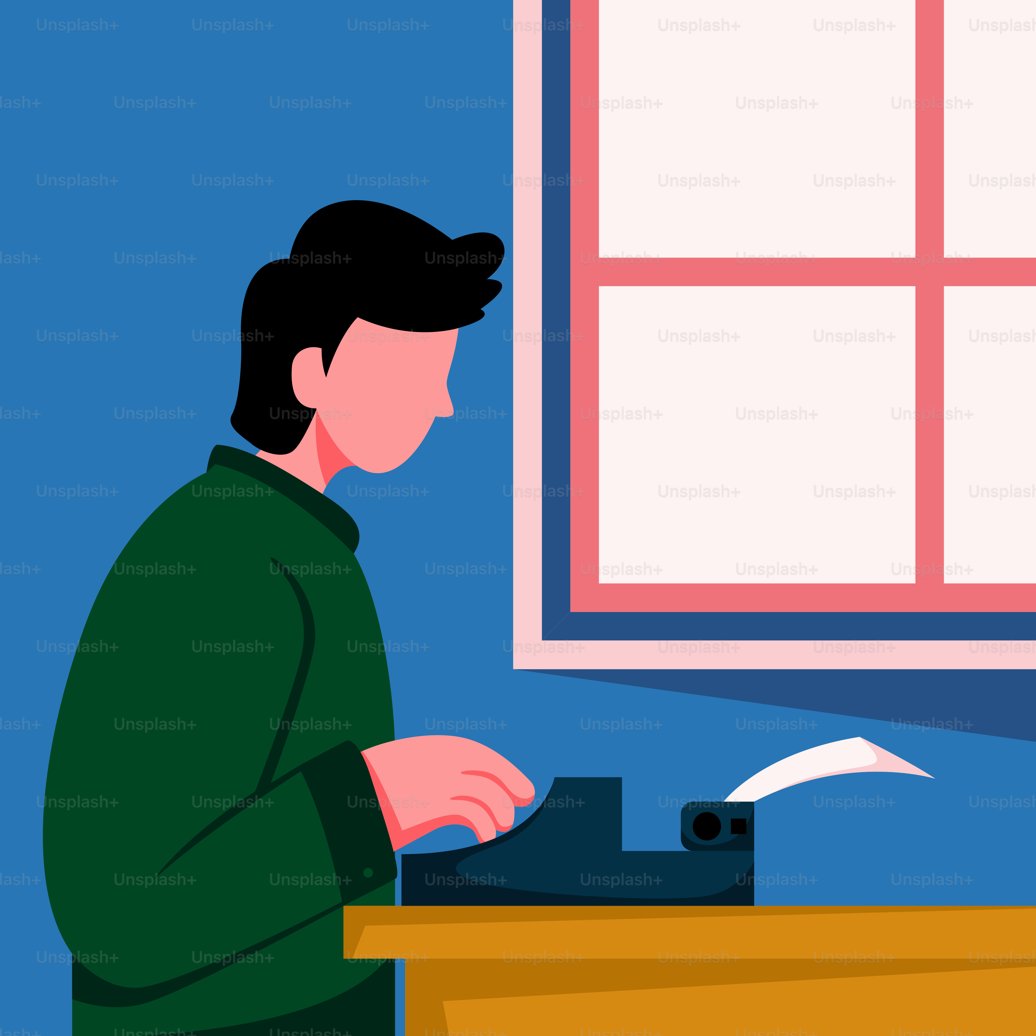 A man sitting at a desk with a typewriter vector – Copywriter Image on ...