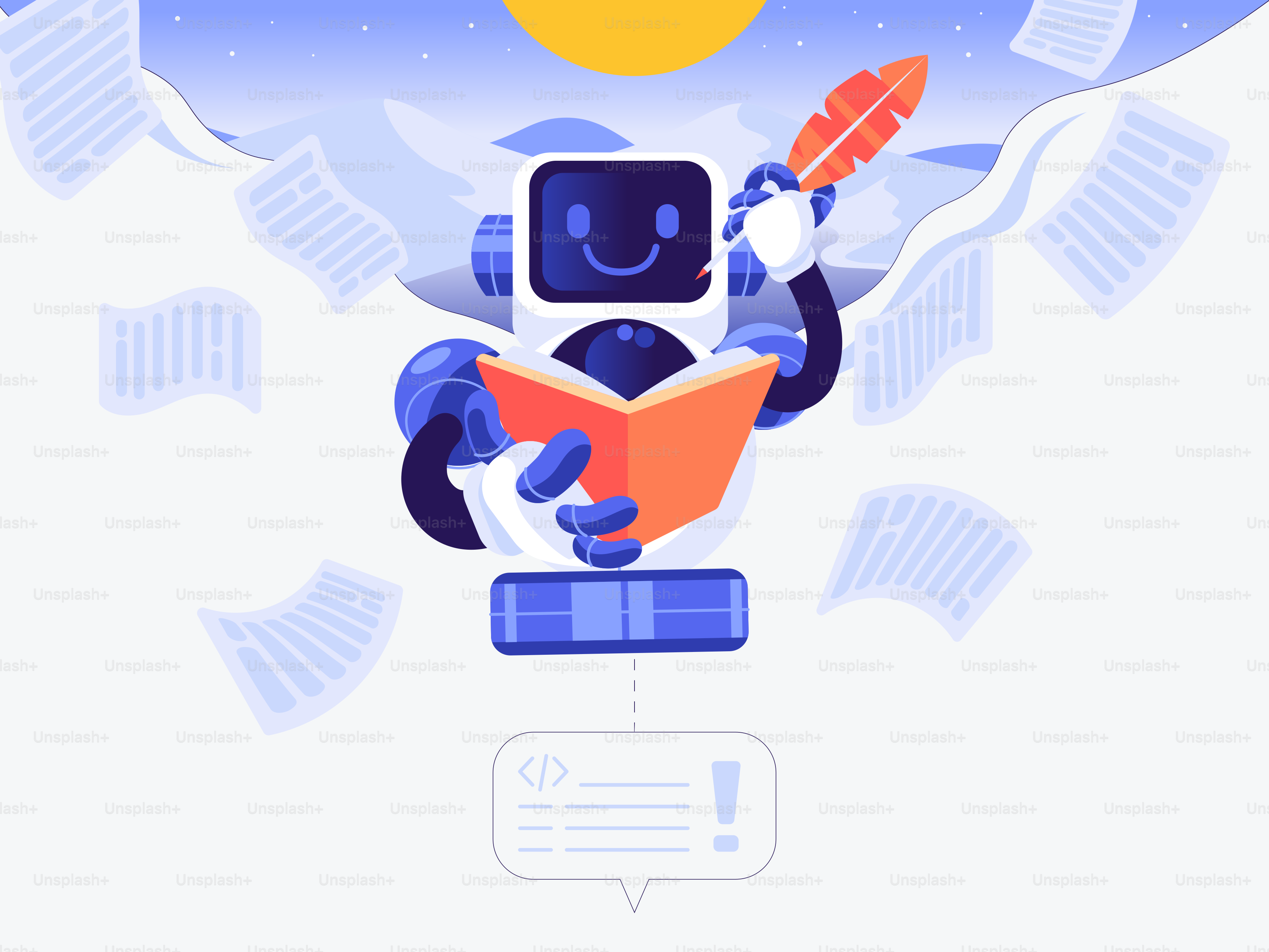 A robot is reading a book while surrounded by papers vector ...
