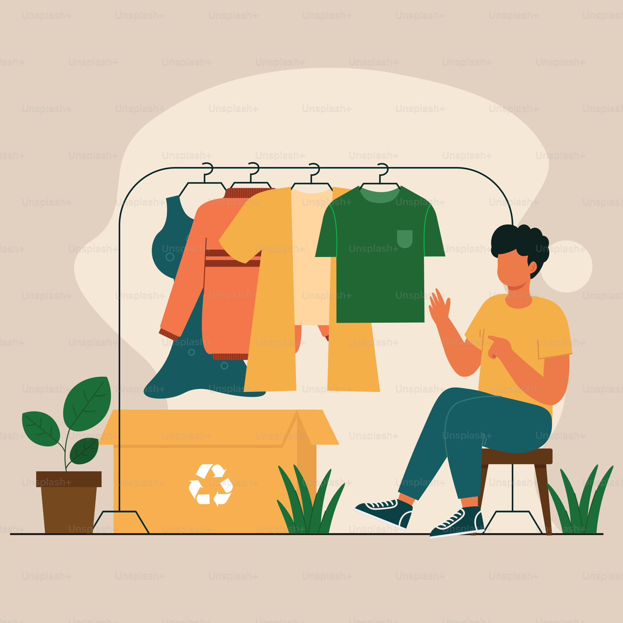 A man sitting in front of a clothes rack vector – Discarded clothing ...