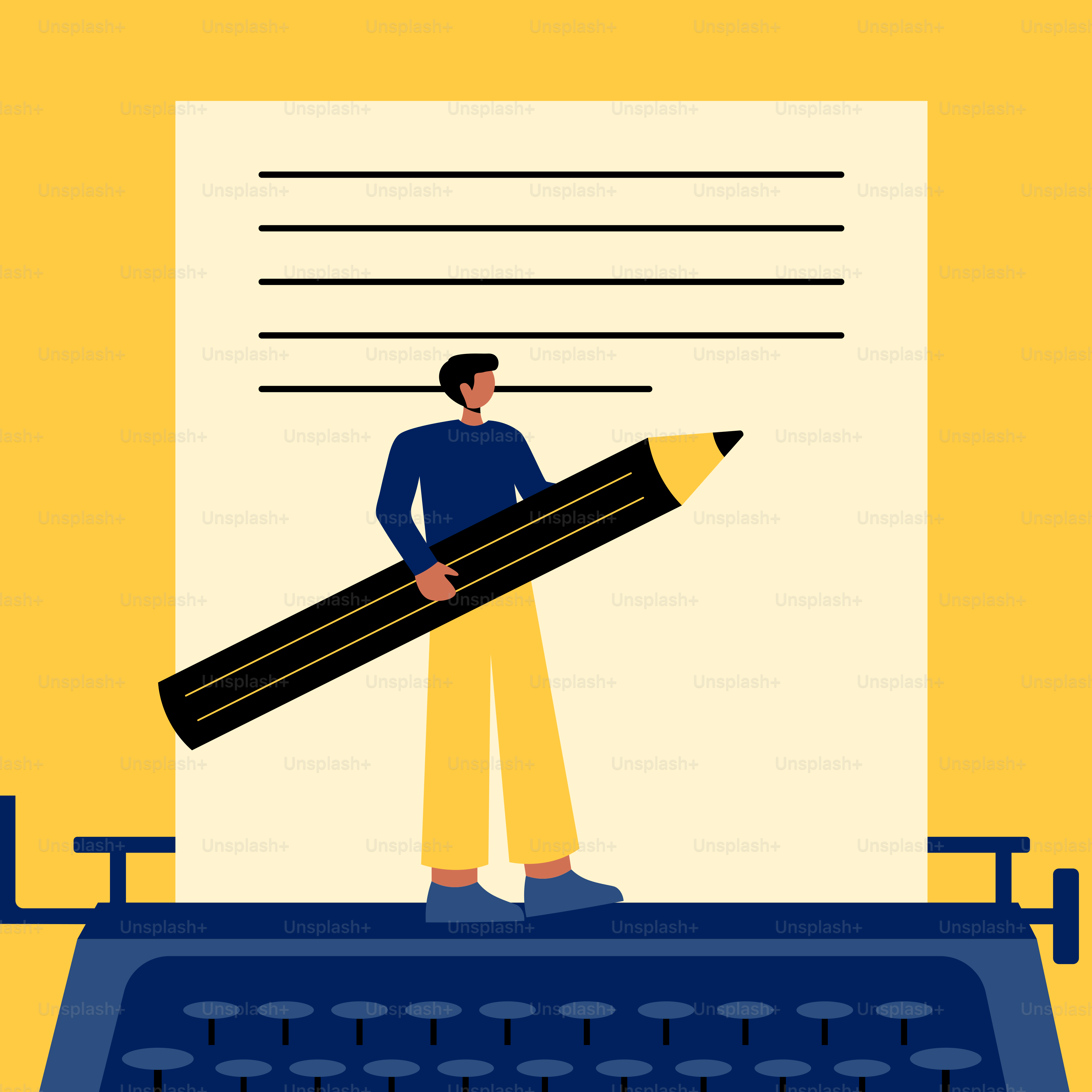 A man holding a giant pencil standing next to a typewriter vector ...