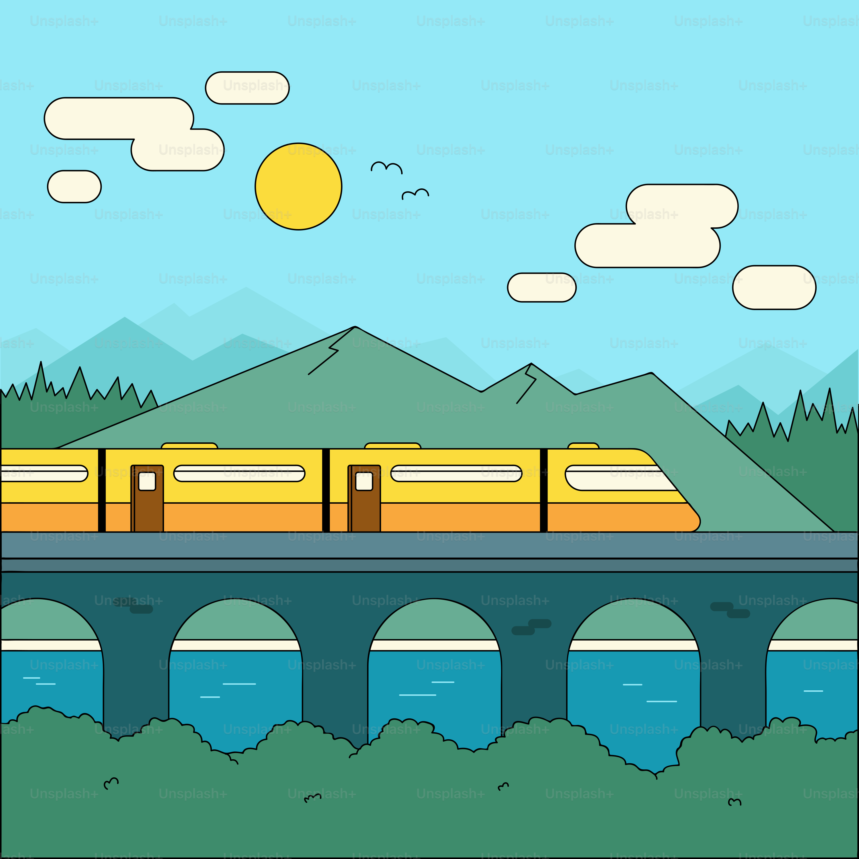 A yellow train traveling over a bridge over water vector – Railway ...