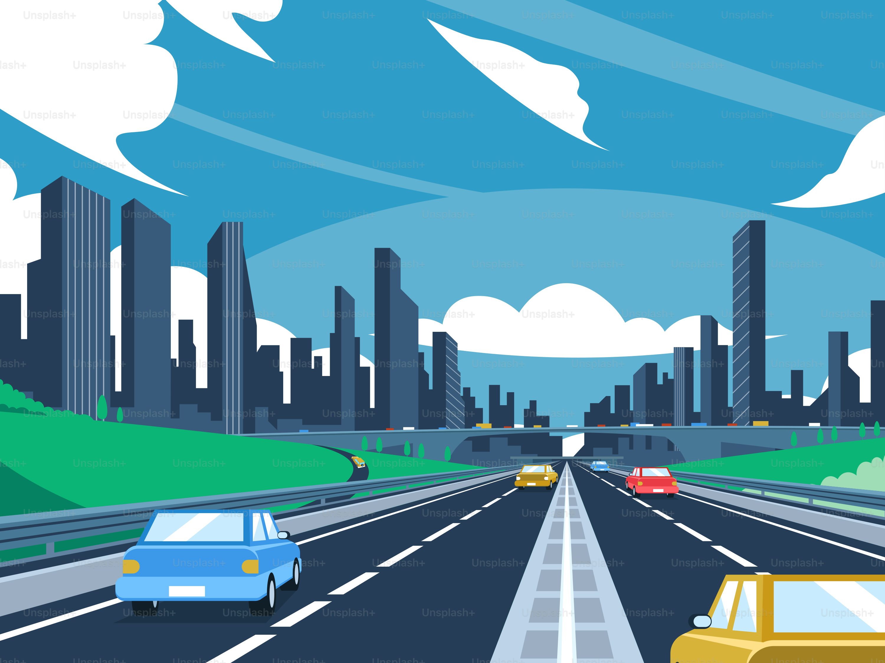 Un coche que circula por una autopista junto a edificios altos vector ... Un coche que circula por una autopista junto a edificios altos vector ...